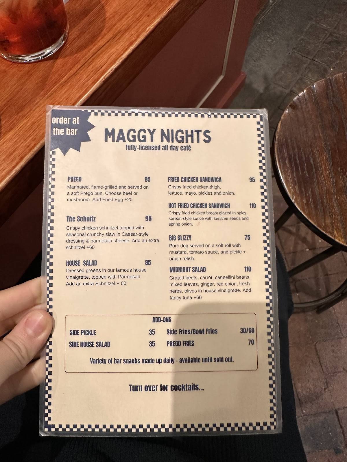 Menu at Maggy Lou's restaurant, Cape Town