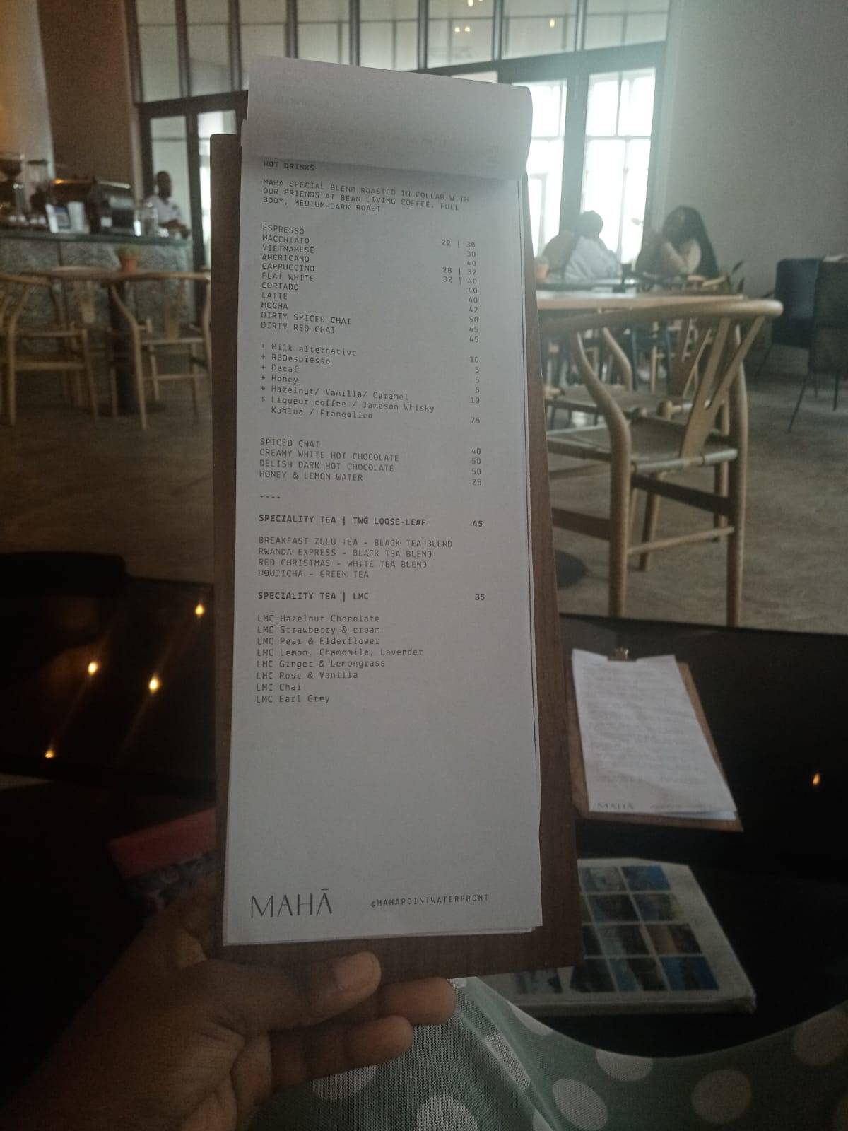 Menu at Mahā Café restaurant, Durban