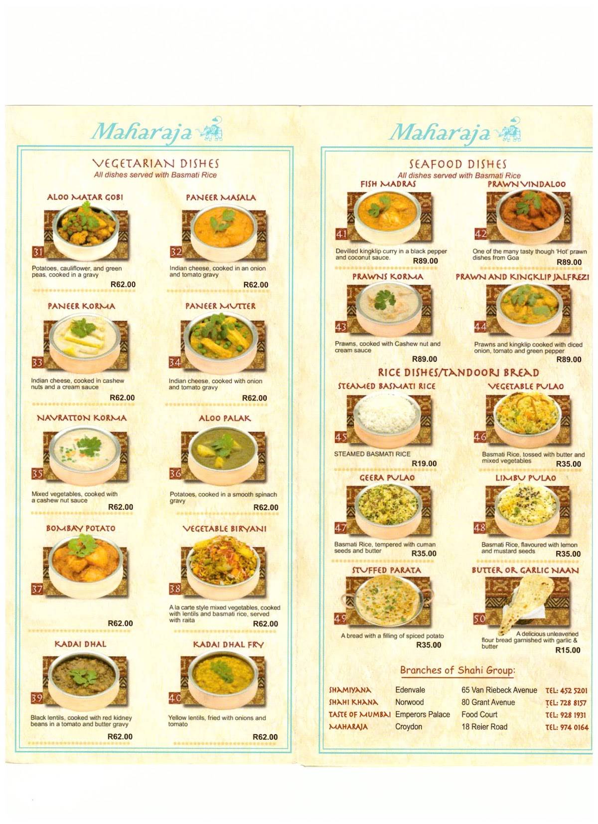 Menu at Maharaja Indian Restaurant, Kempton Park, 18 Reier St