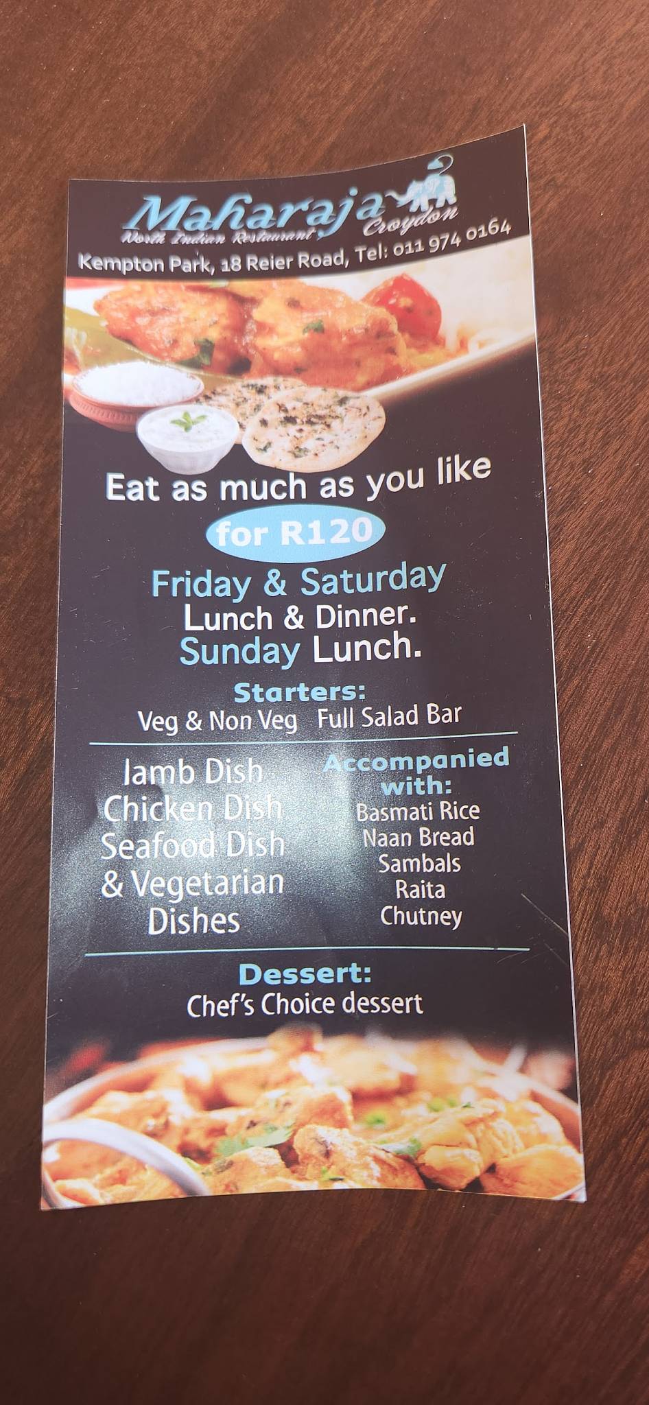 Menu at Maharaja Indian Restaurant, Kempton Park, 18 Reier St