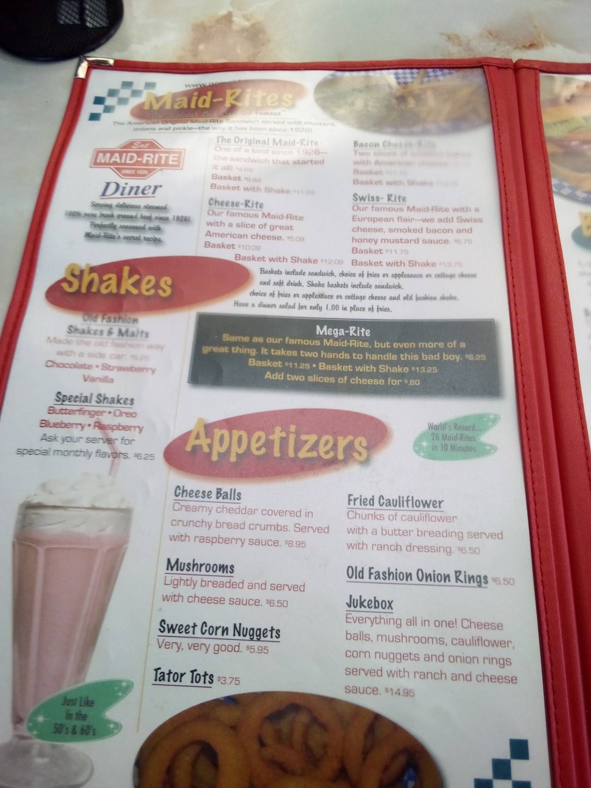 Menu at Maid-Rite restaurant, Moline, 16th St