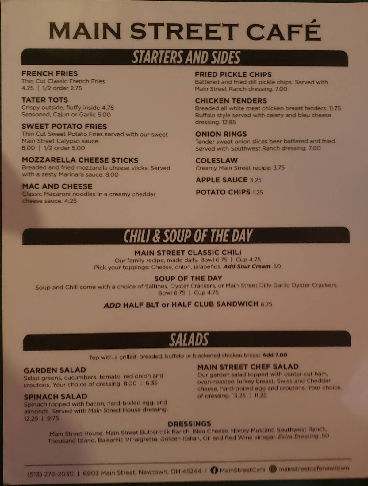 Menu at Main Street Cafe, Newtown