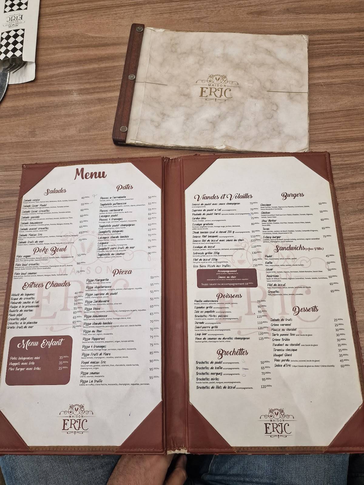 Menu at Maison Eric restaurant, El Jadida