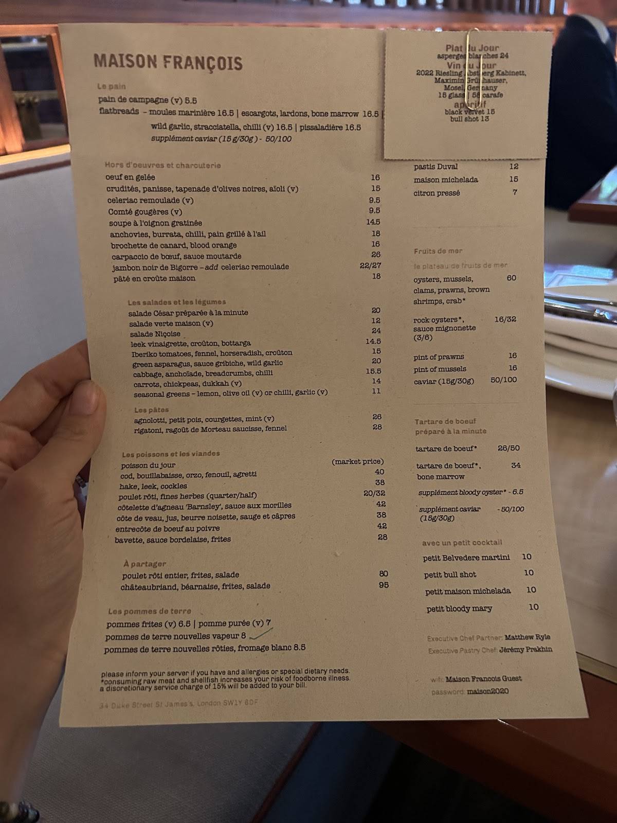 Menu at Maison François restaurant, London
