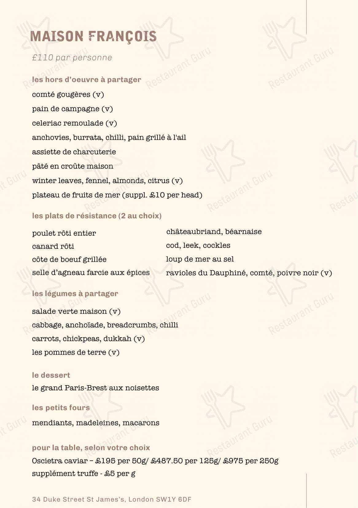 Menu at Maison François restaurant, London