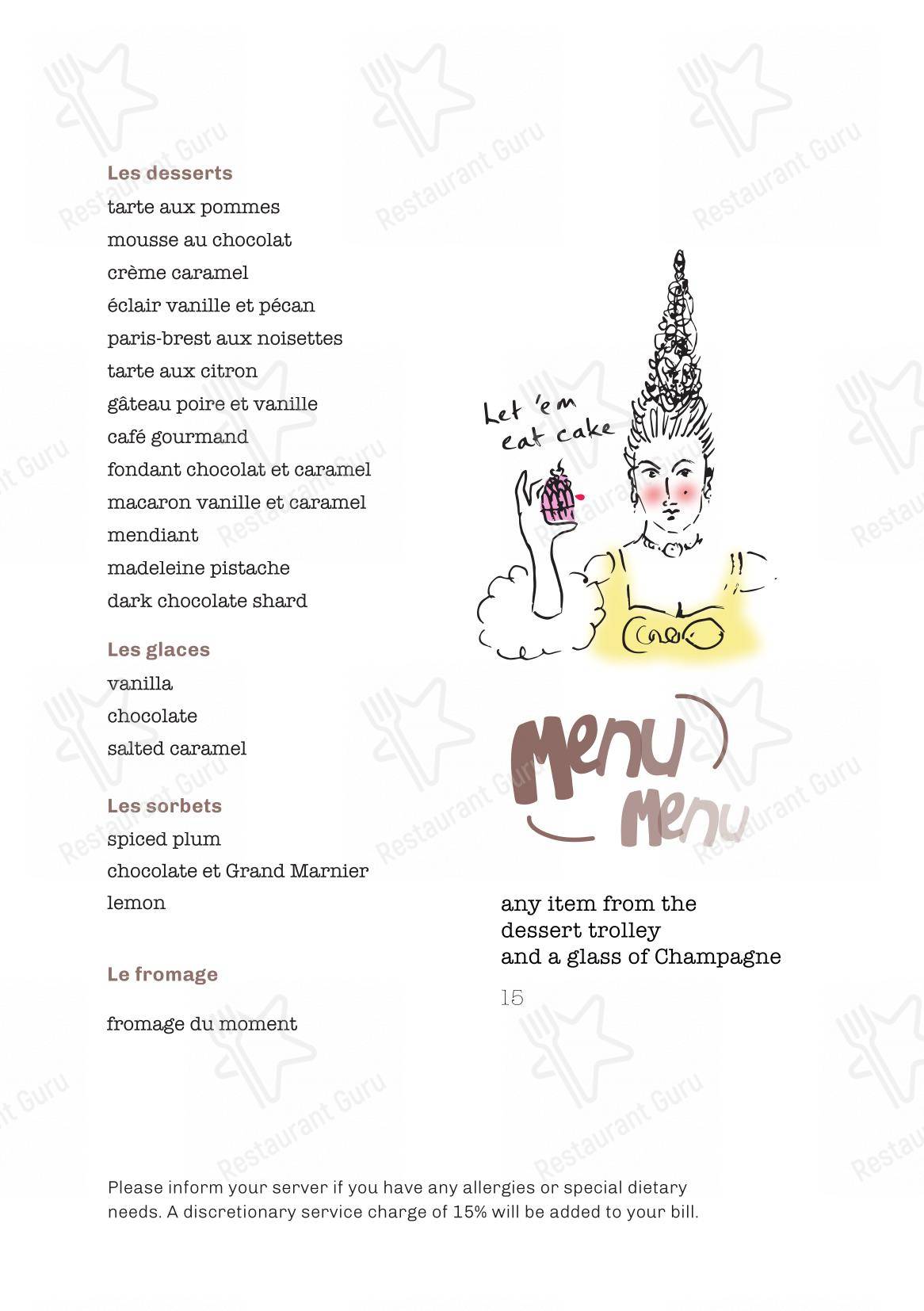 Menu at Maison François restaurant, London