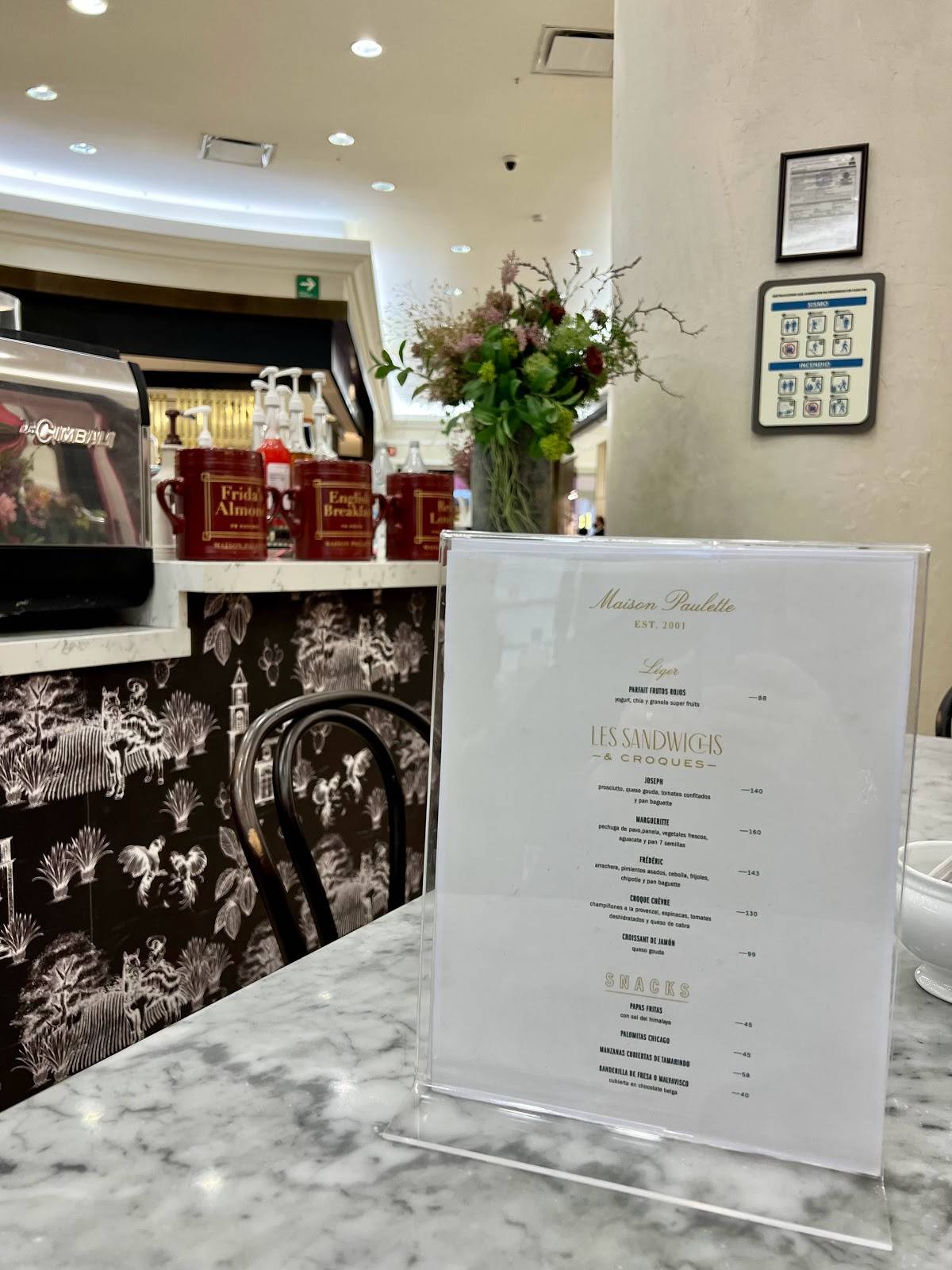 Carta del café Maison Paulette Pâtisserie Palacio De Hierro, Zapopan