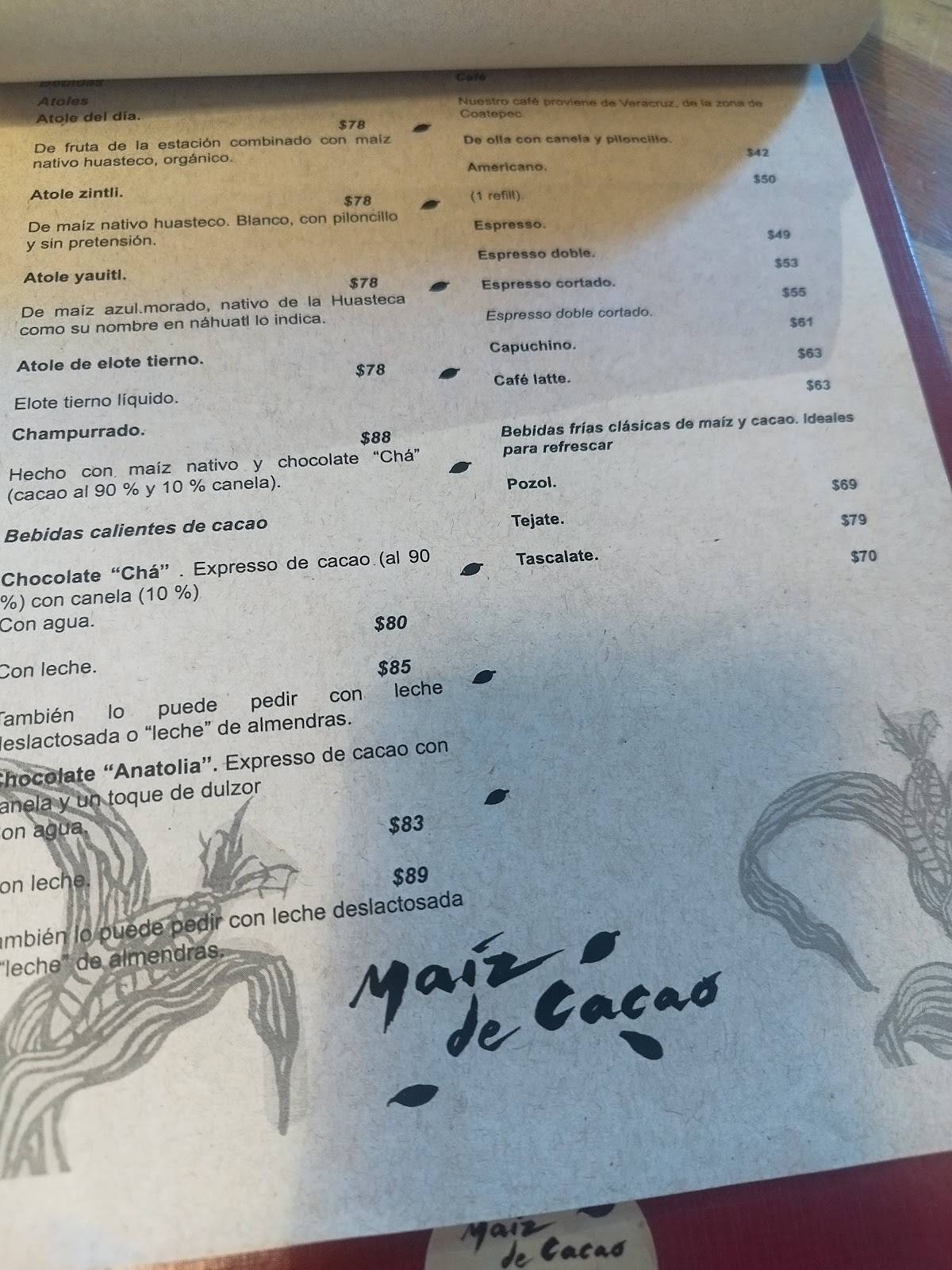 Menu at Maiz de Cacao restaurant, Ecatepec de Morelos