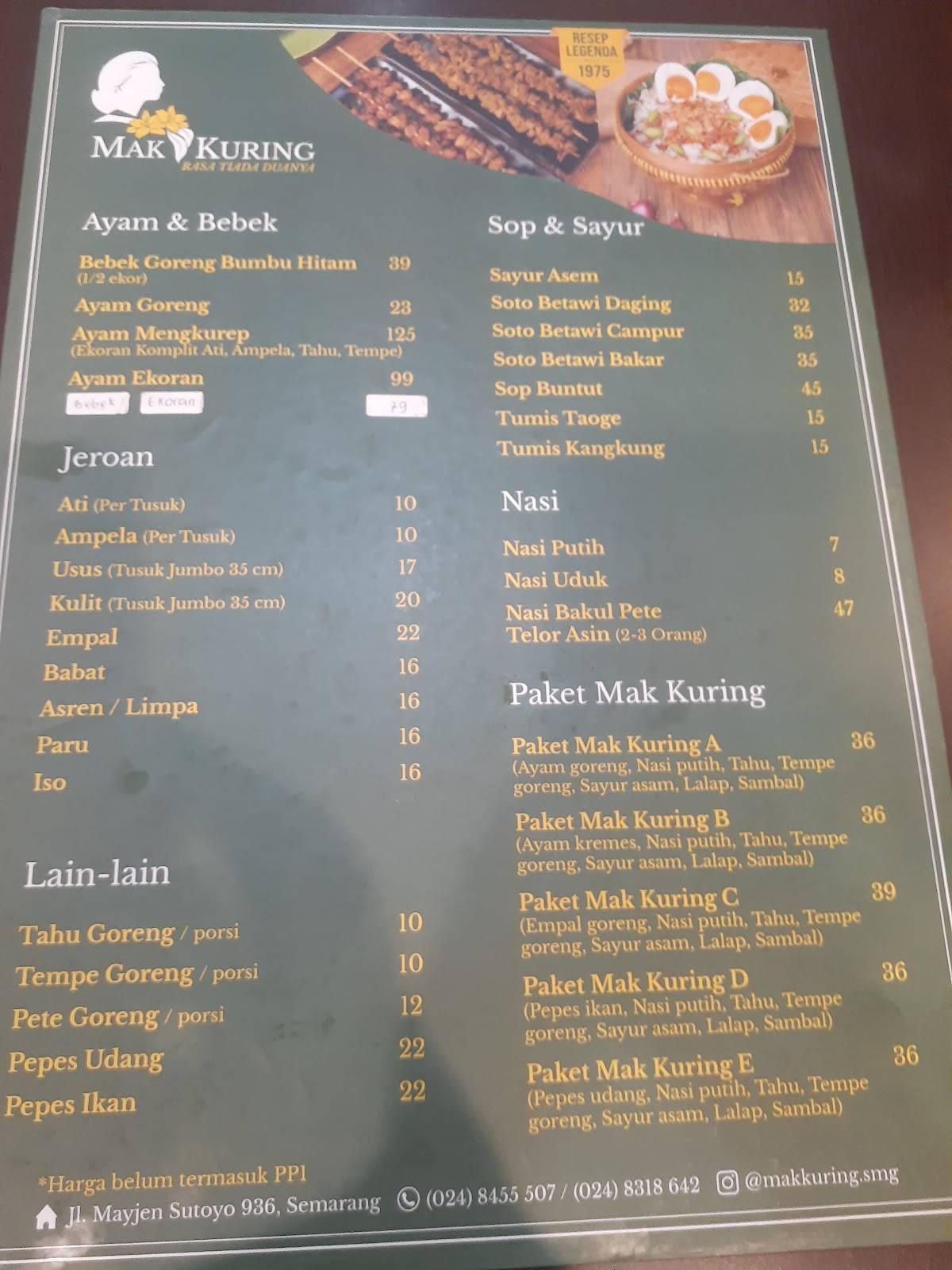 Menu at Mak Kuring Ayam Bebek Goreng Bumbu Hitam restaurant, Semarang