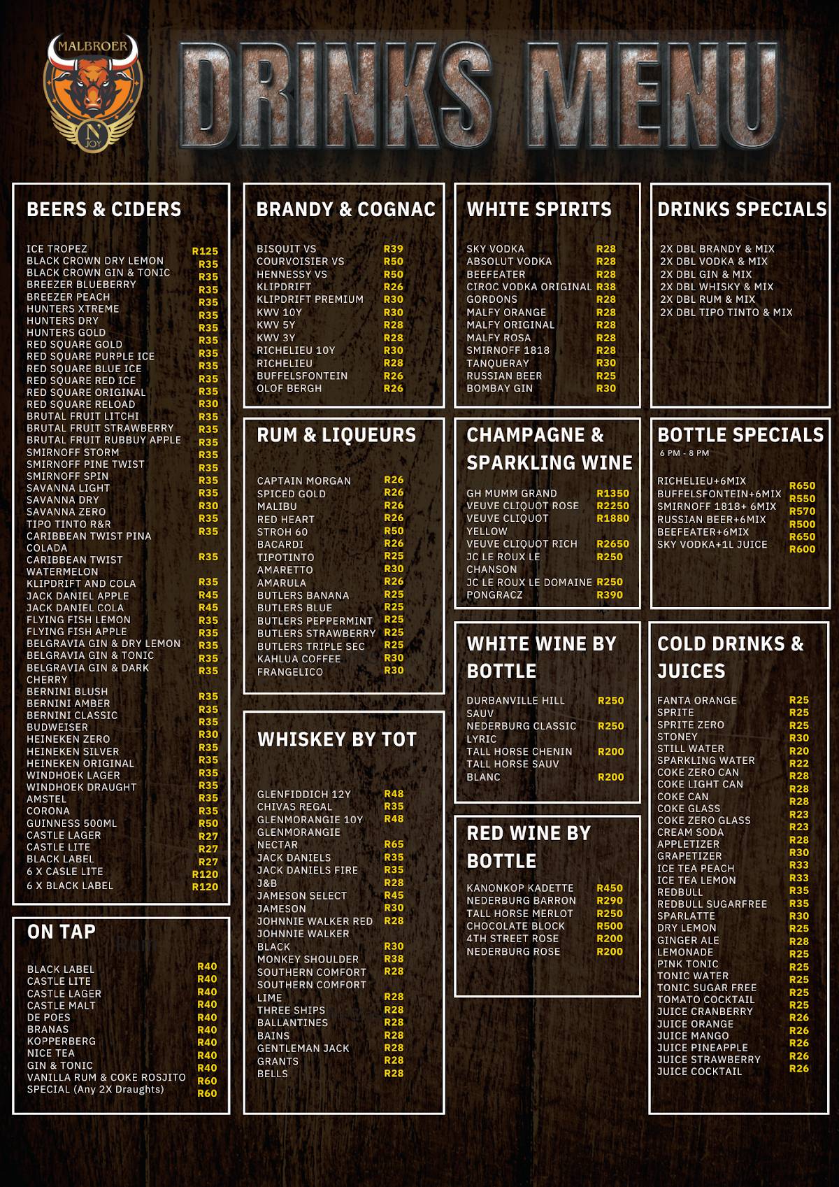 Menu at Malbroer pub & bar, Boksburg