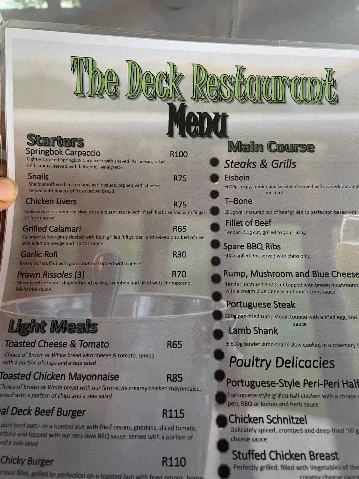 Menu at The Deck Restaurant, Malelane