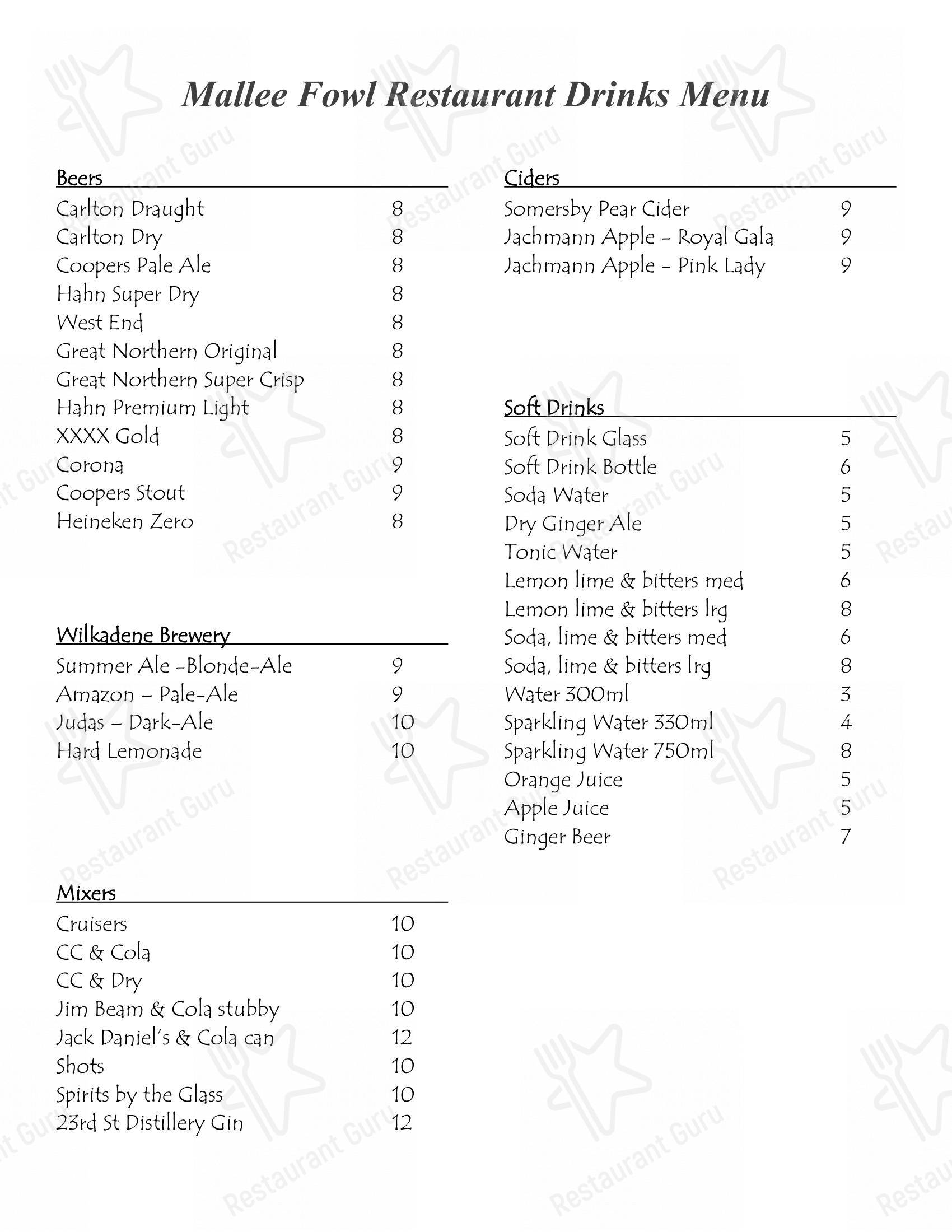 Menu at Mallee Fowl Restaurant, Berri, Sturt Hwy