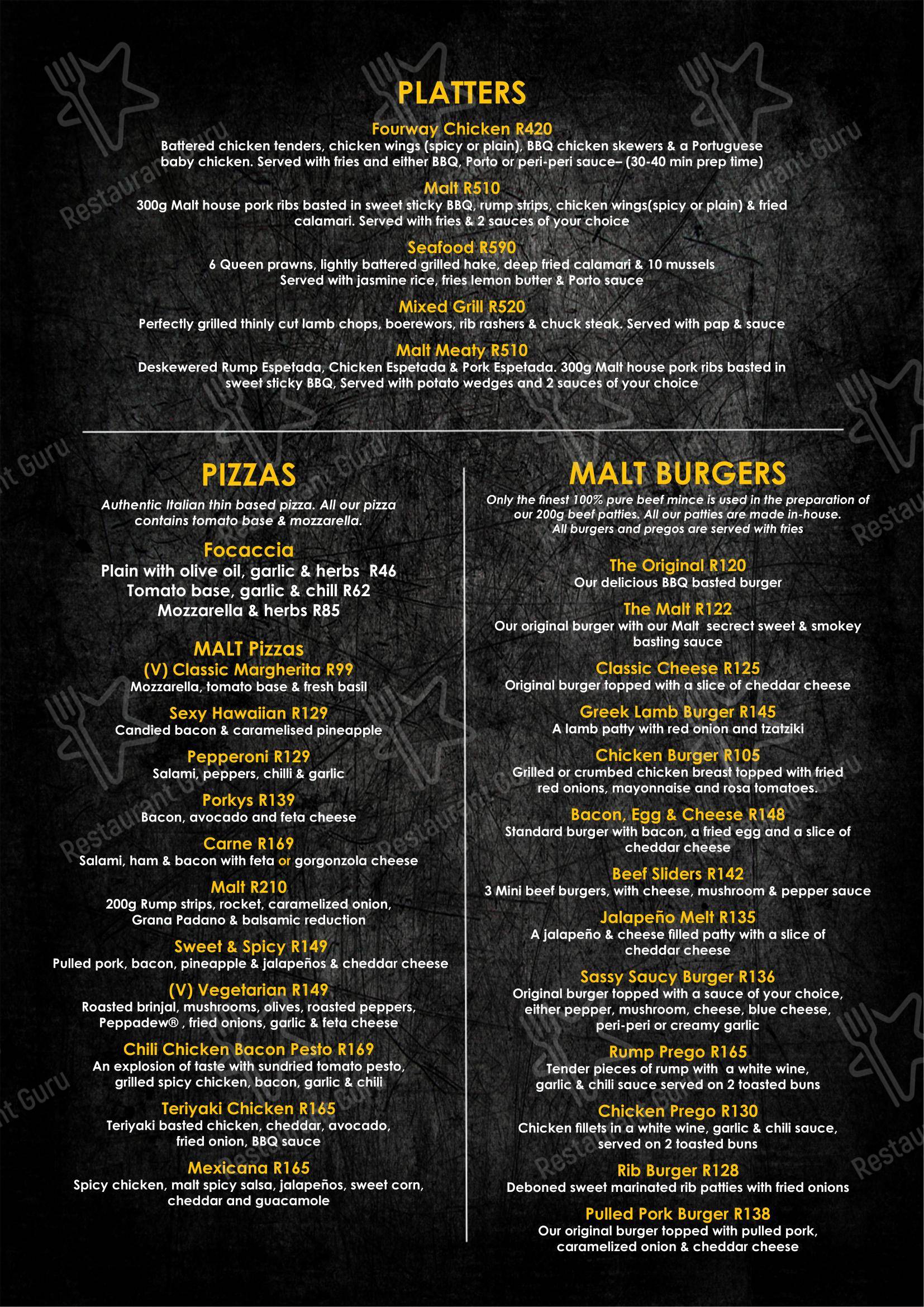 Menu at Malt Barrel and Fire, Pretoria