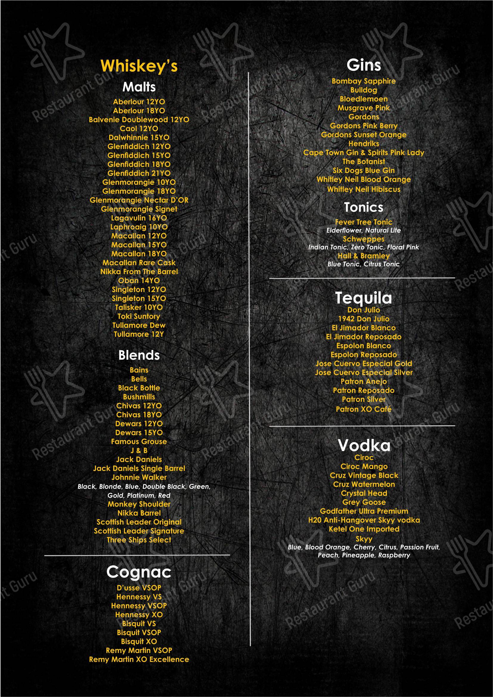 Menu at Malt Barrel and Fire, Pretoria