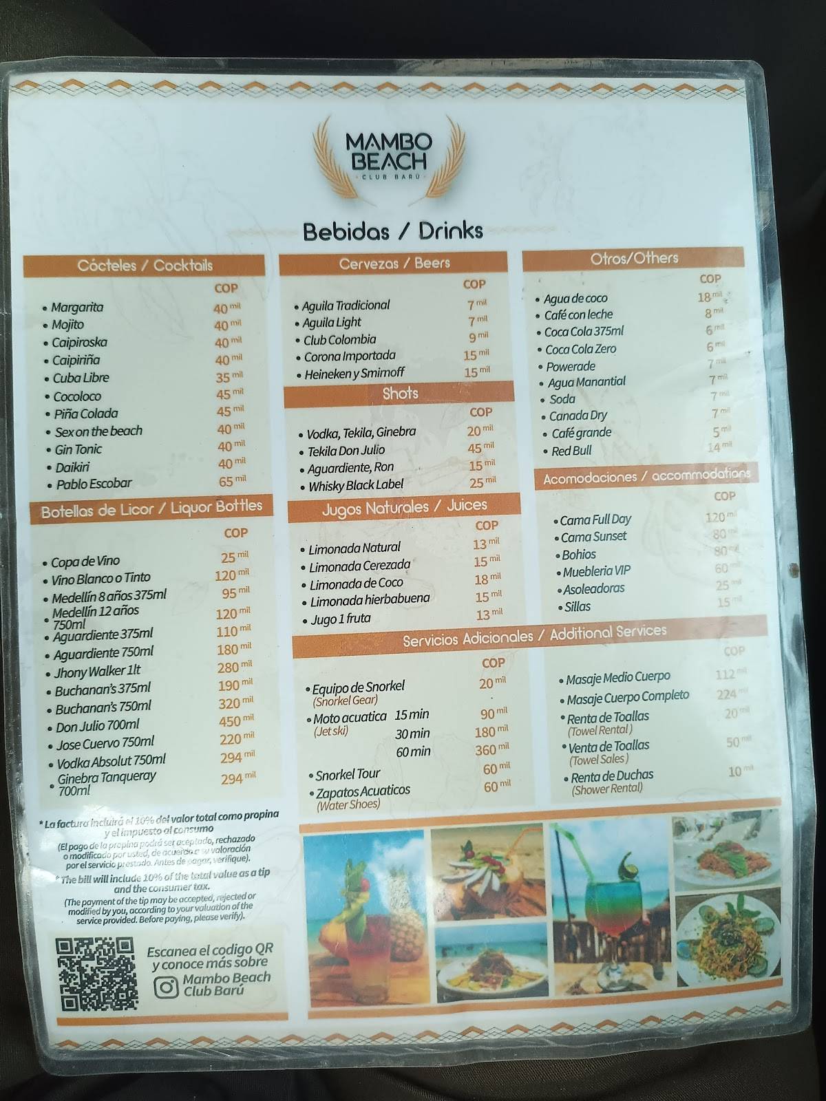 Menu at Mambo Beach Club, Colombia