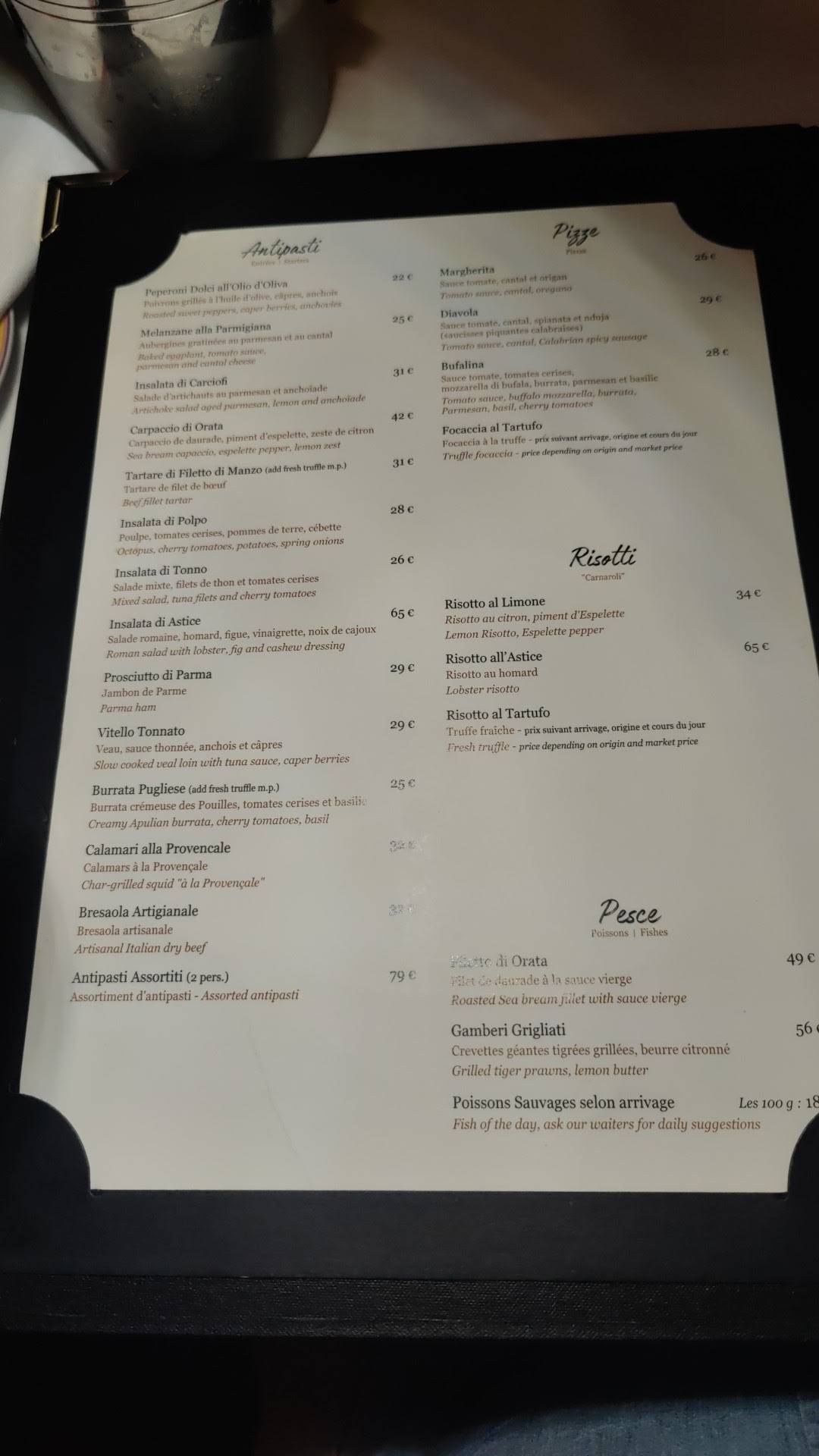 Menu at Mamo Michelangelo pizzeria, Antibes