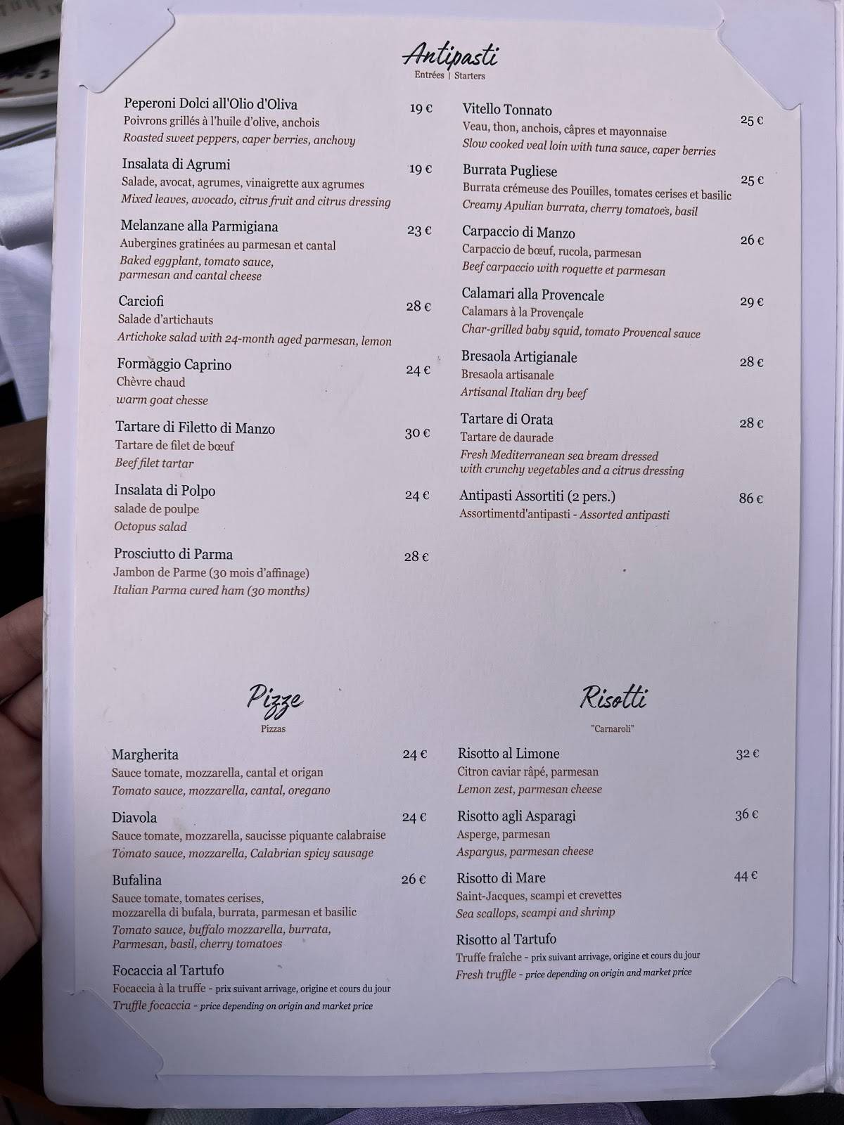 Menu at Mamo Michelangelo pizzeria, Antibes