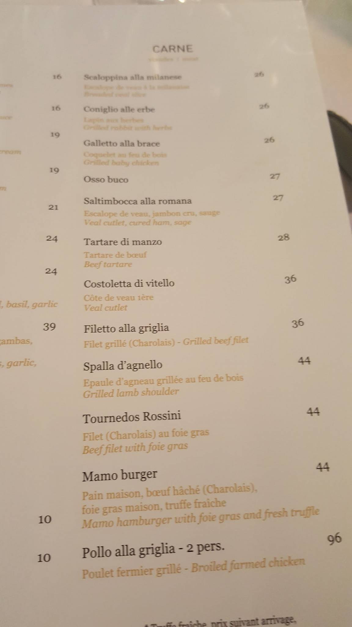 Menu at Mamo Michelangelo pizzeria, Antibes
