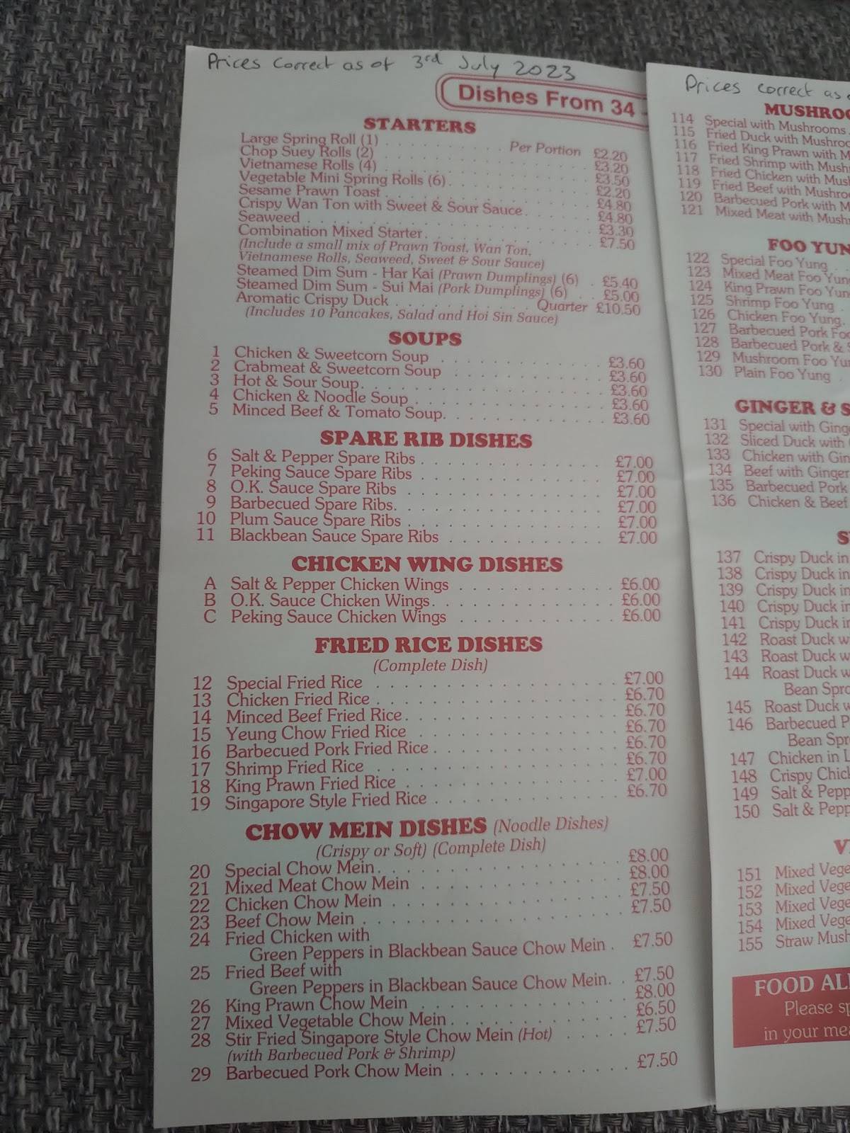 Menu at Wing Sing restaurant, Manchester, 92 Moorside St