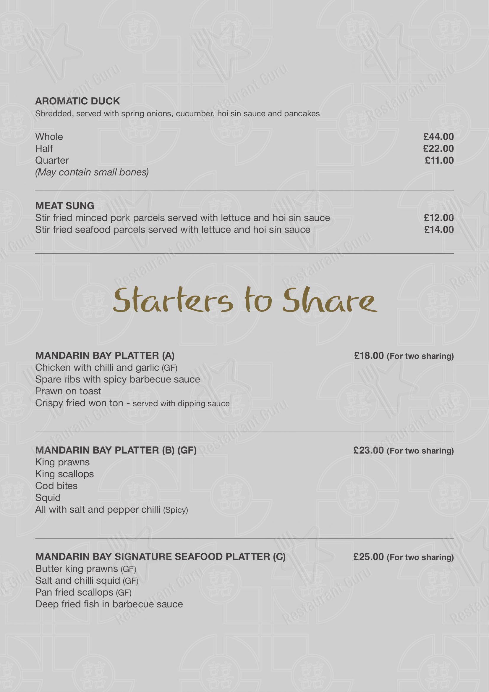 Menu at Mandarin Bay restaurant, Cramlington