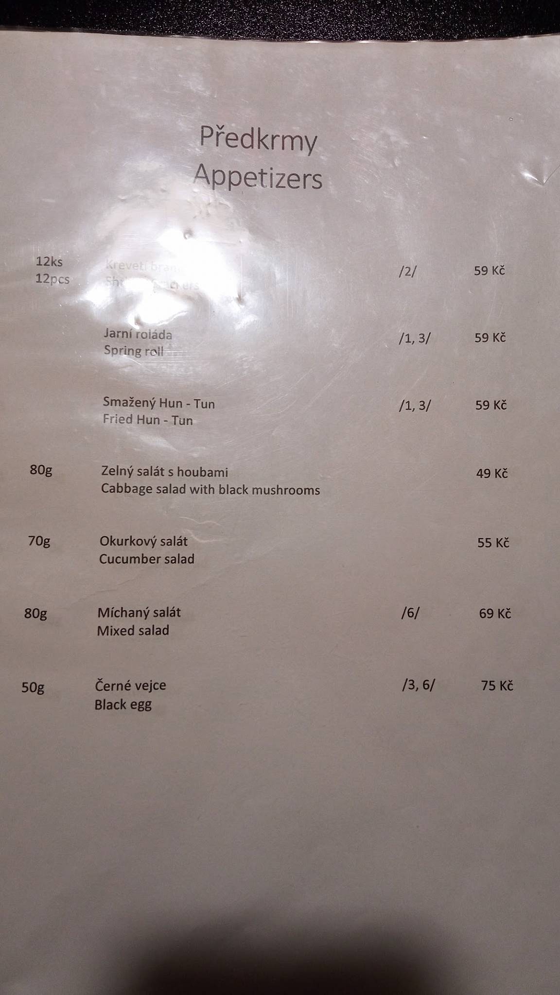 Menu at Mandarín restaurant, Brno