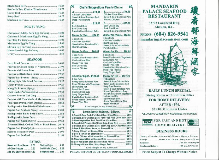 Menu at Mandarin Palace restaurant, Mission