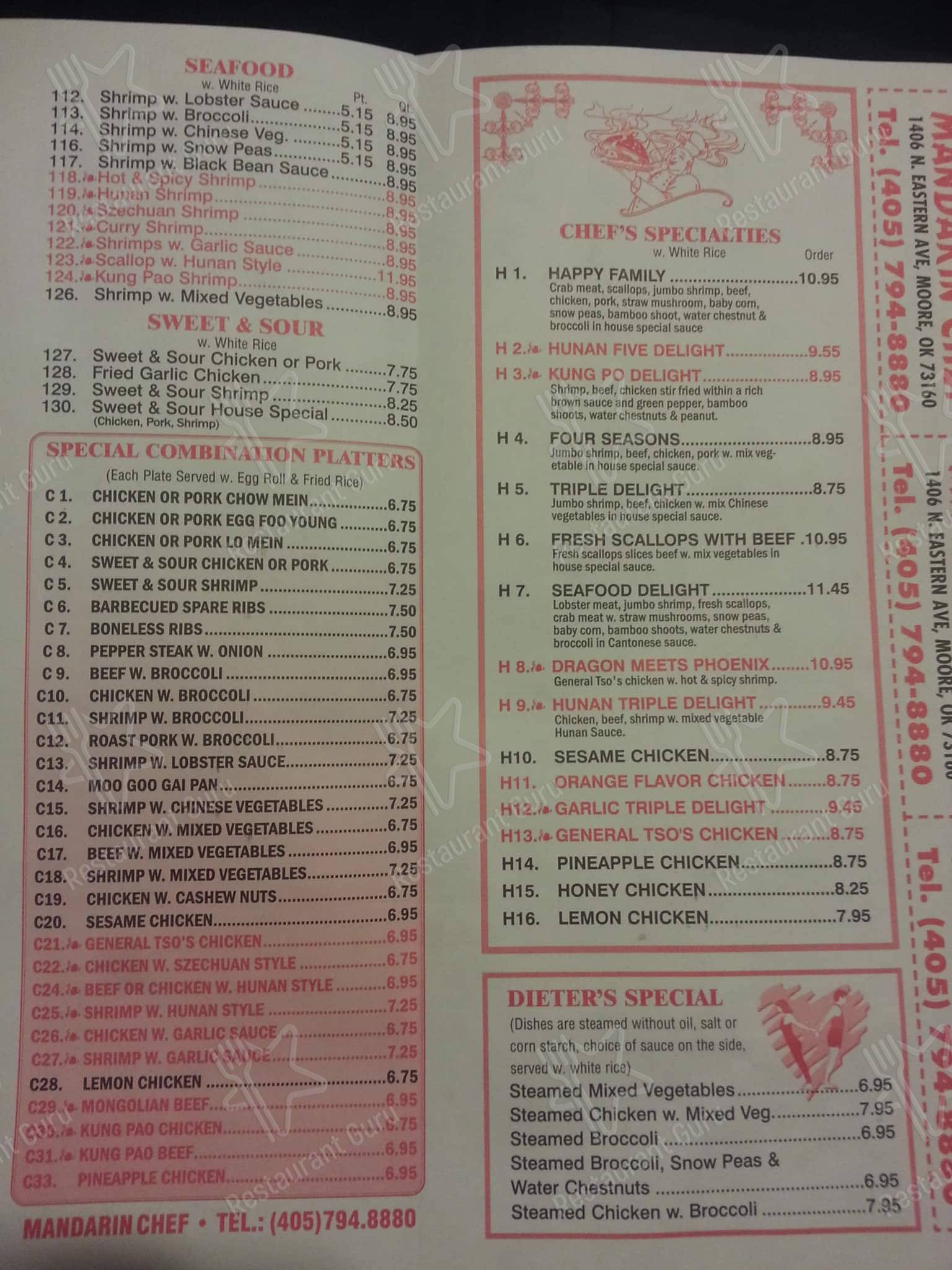 Menu at Mandarin Chef restaurant, Moore