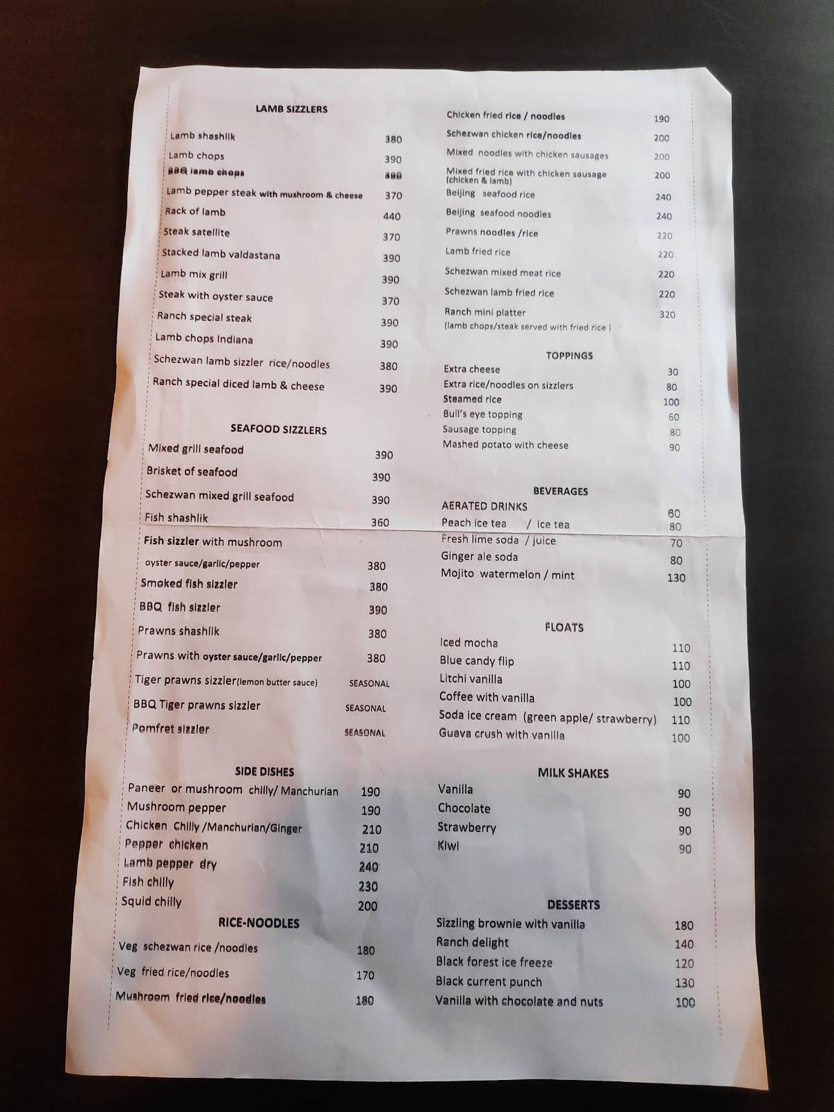 Menu at Sizzler Ranch Lal Bagh, Mangaluru, Ground Floor