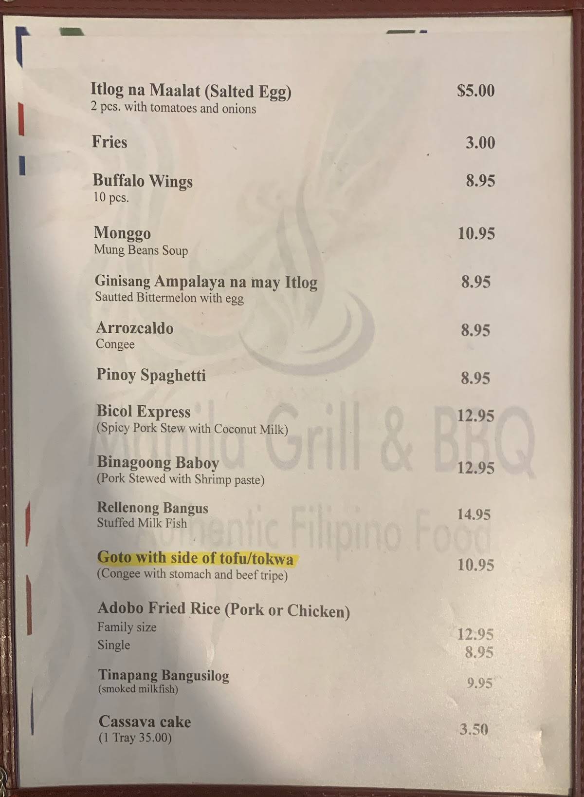 Menu at Manila Grill & BBQ, Pembroke Pines