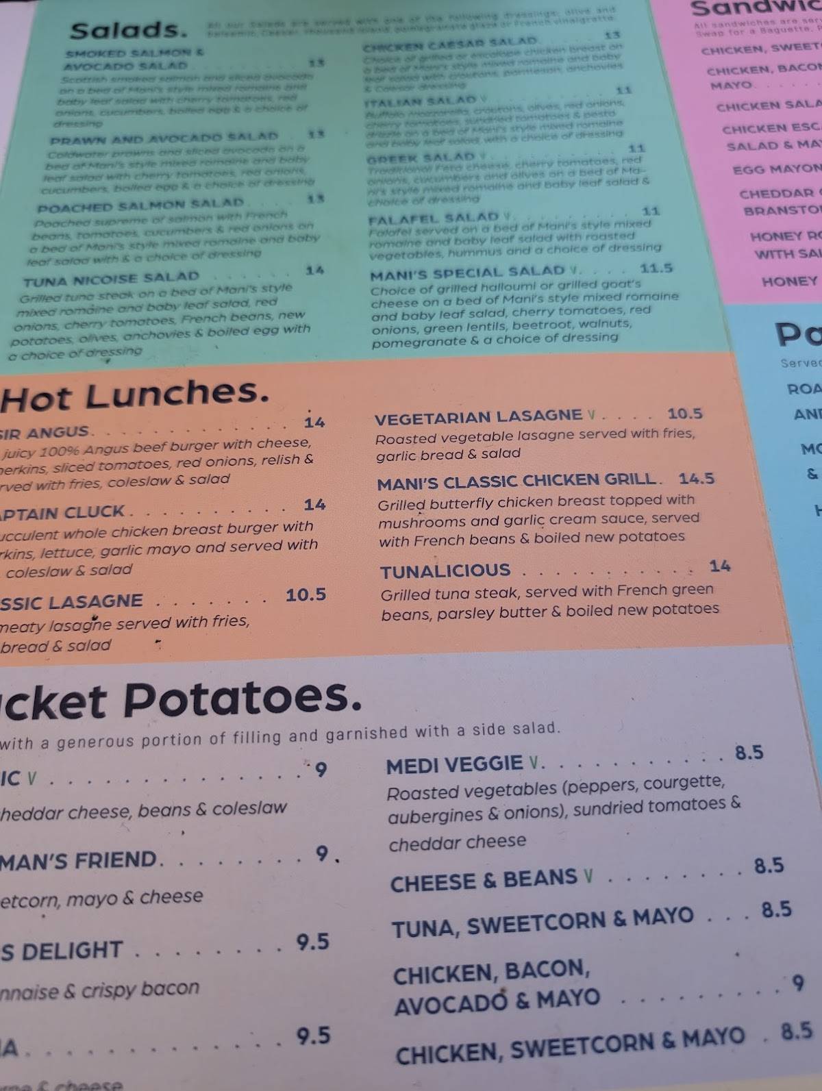 Menu at Mani's cafe, London, 12 Perrin's Ct