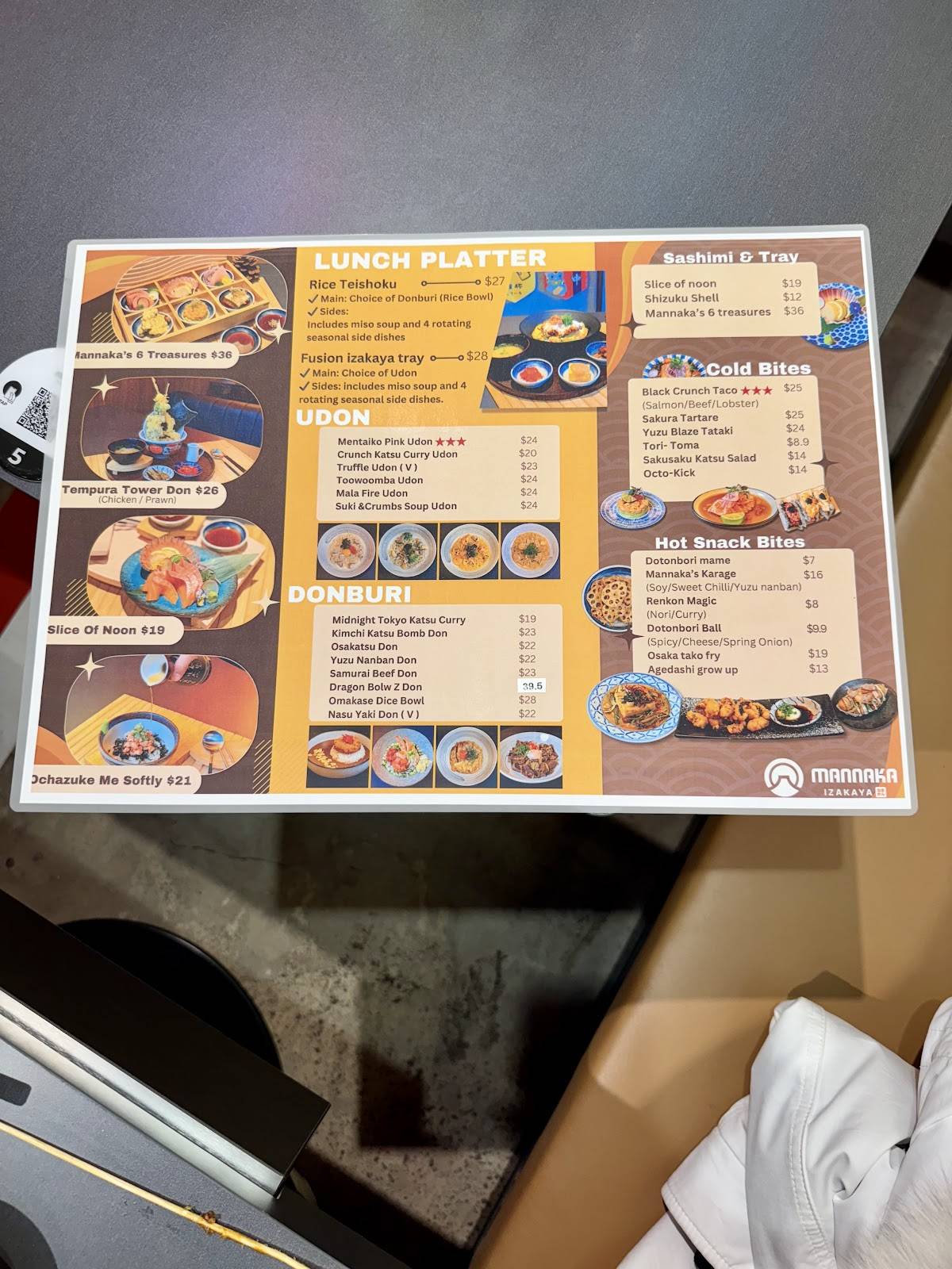 Menu at Mannaka Izakaya restaurant, Melbourne
