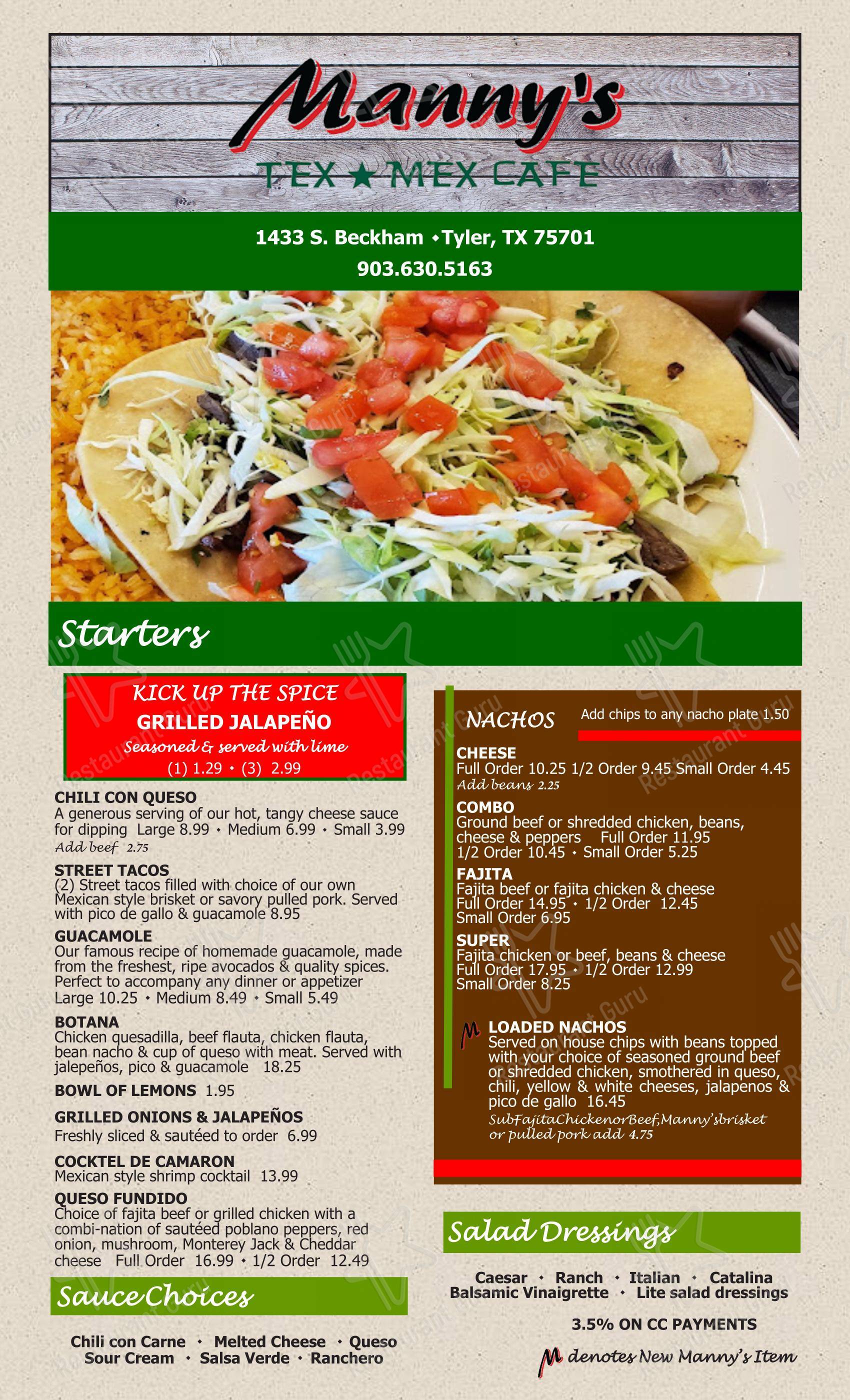 Carta de Manny's Tex-Mex Cafe, Tyler