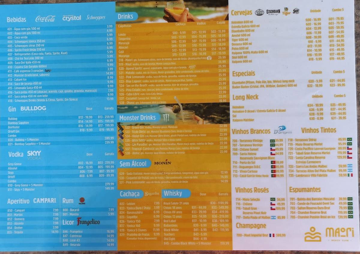 Menu em Maori Beach Club, Caucaia