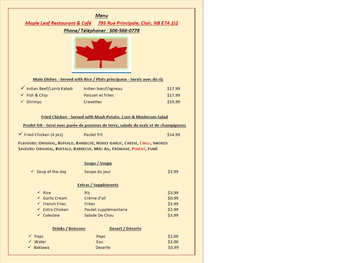 Menu at Maple Leaf Steak House & Pistachio Café, Clair