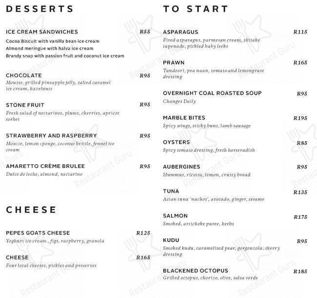 Menu at Marble Restaurant, Johannesburg
