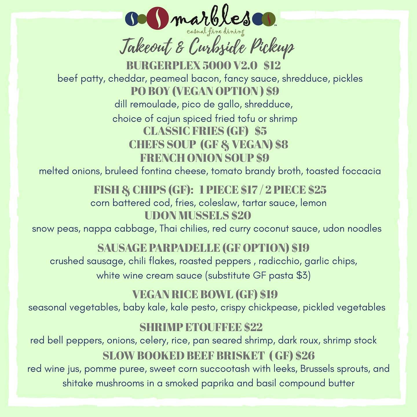 Menu at Marbles Restaurant, Waterloo
