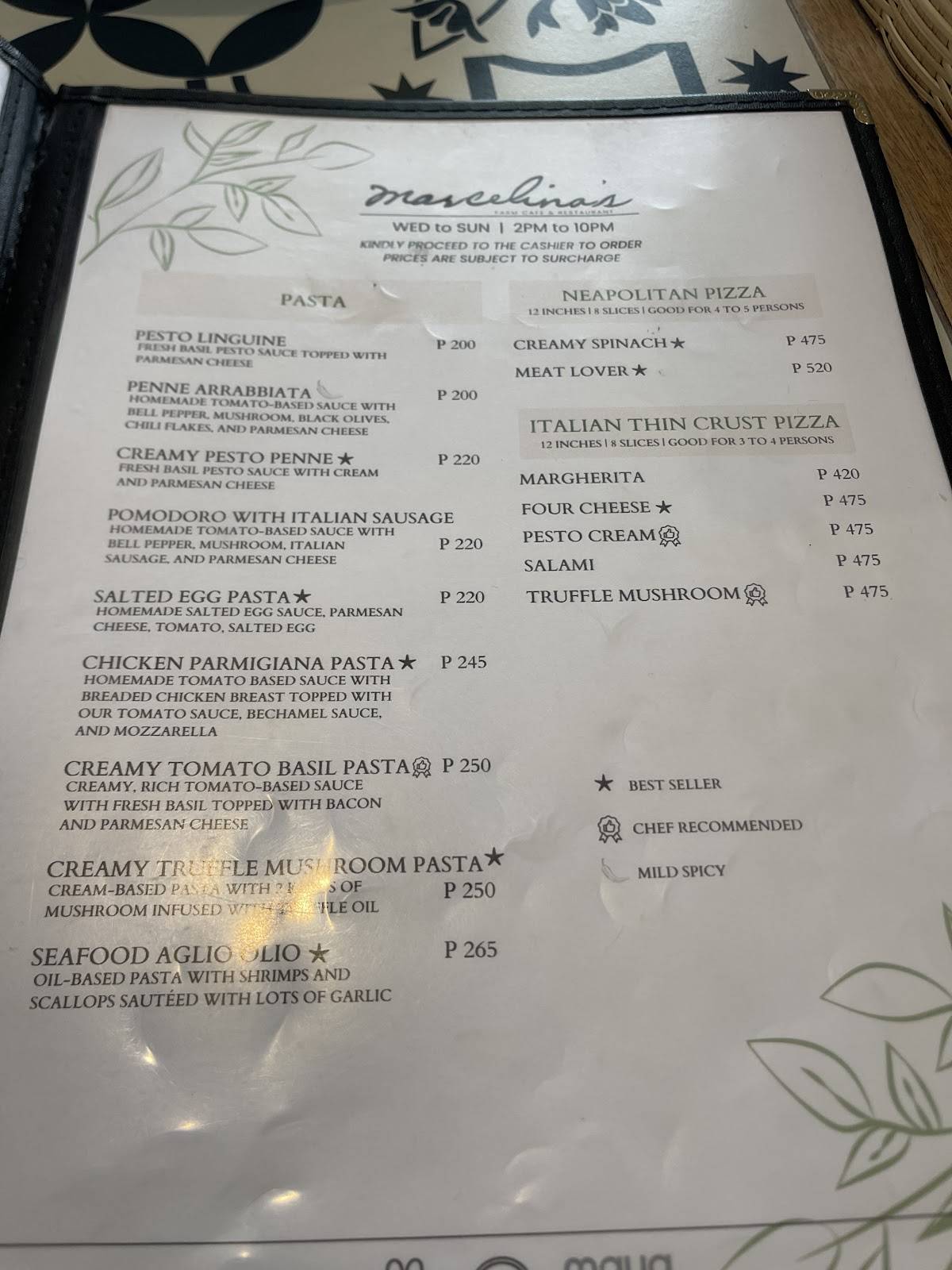 Menu at Marcelina's Farm Cafe and Restaurant, Santa Maria
