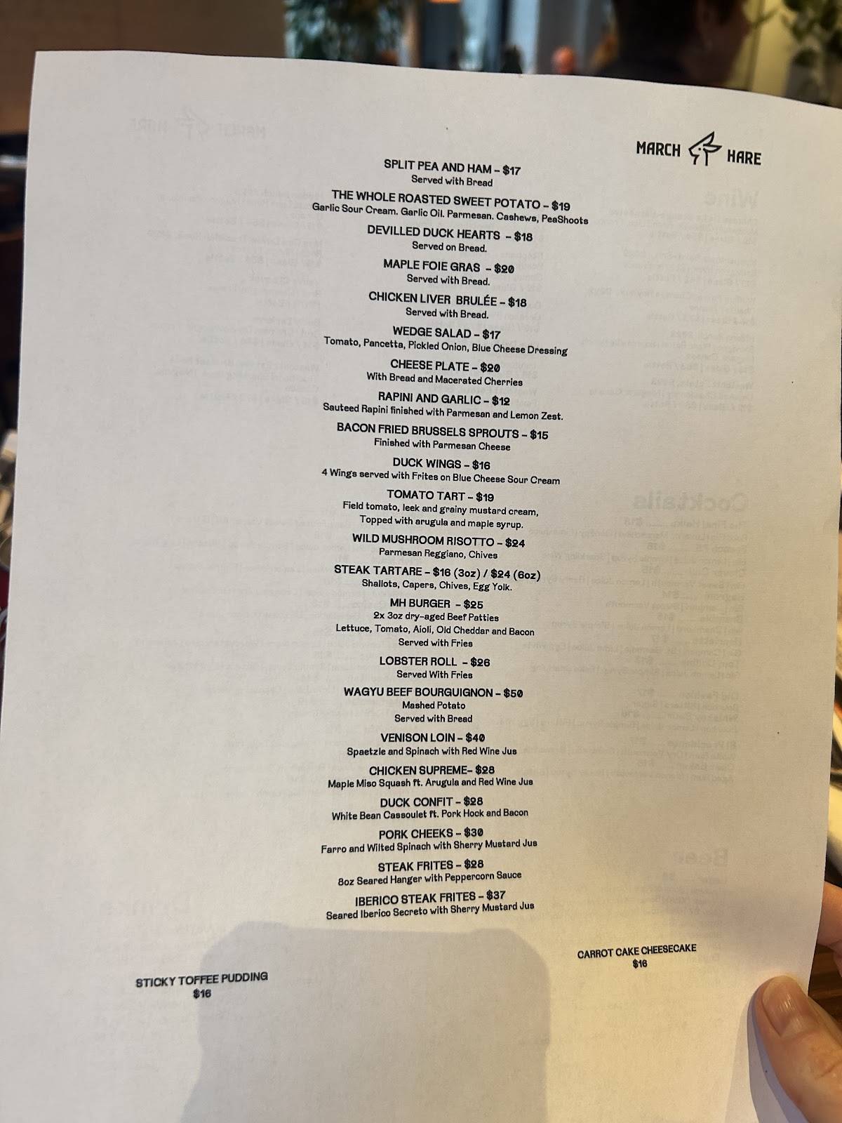 Menu at March Hare restaurant, Sarnia