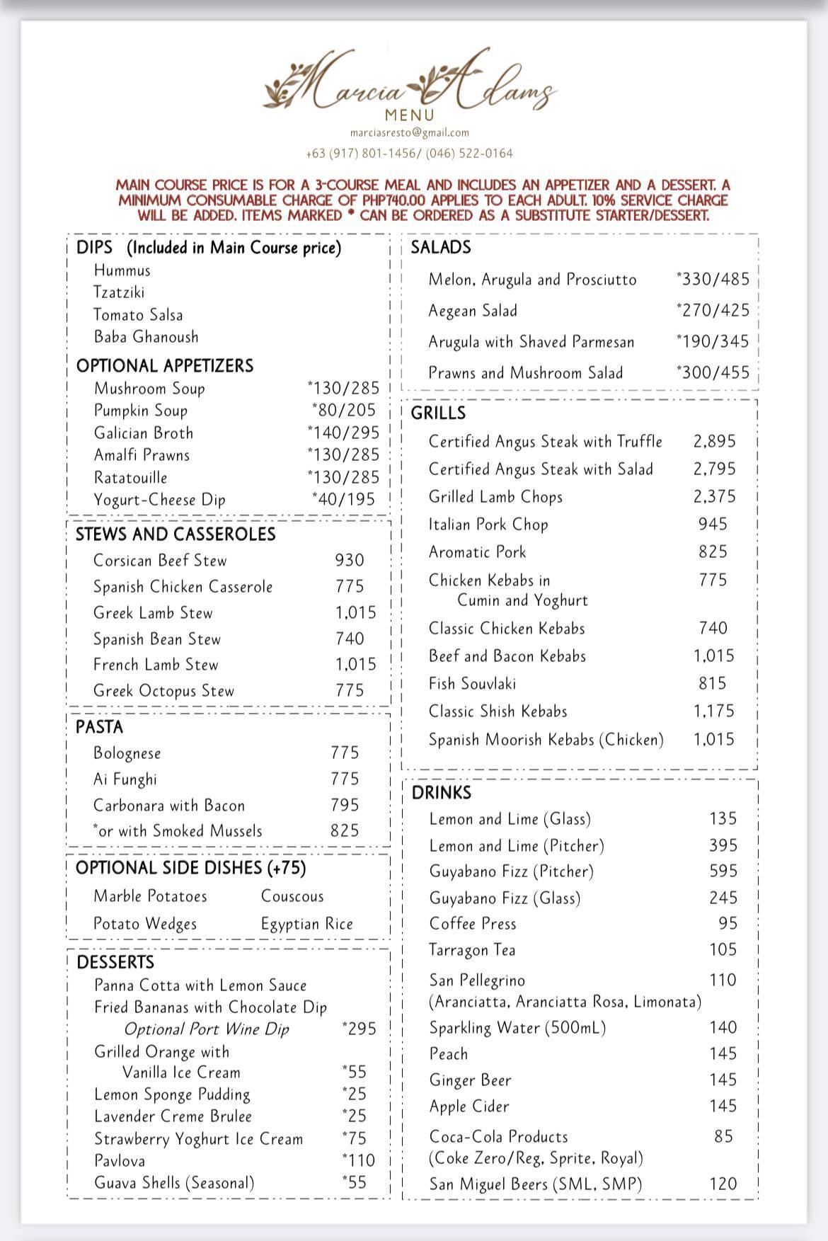Menu at Marcia Adams' Restaurant, Tagaytay