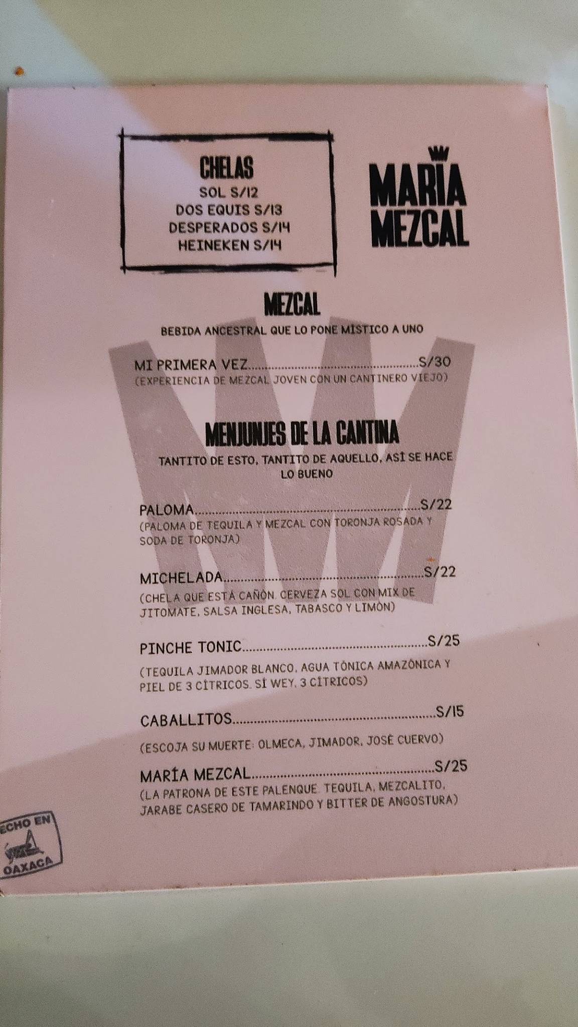 Carta del pub y bar Maria Mezcal, Miraflores