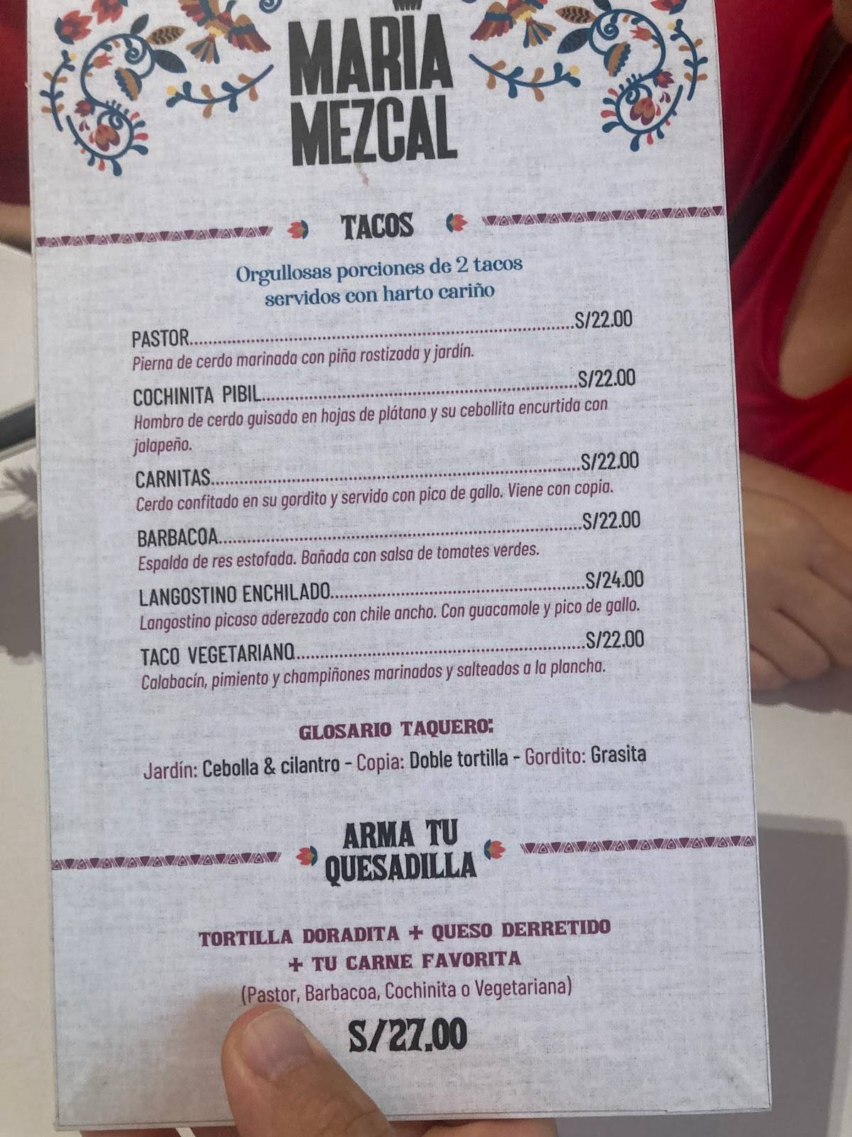 Carta del pub y bar Maria Mezcal, Miraflores