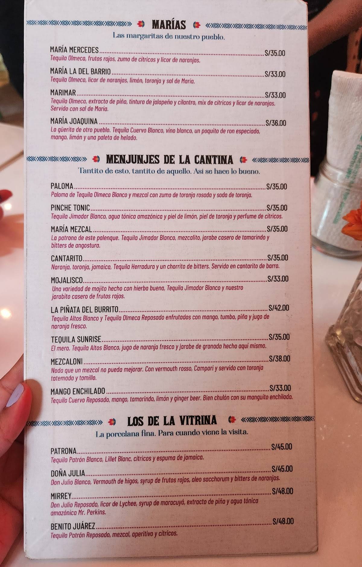 Carta del pub y bar Maria Mezcal, Miraflores