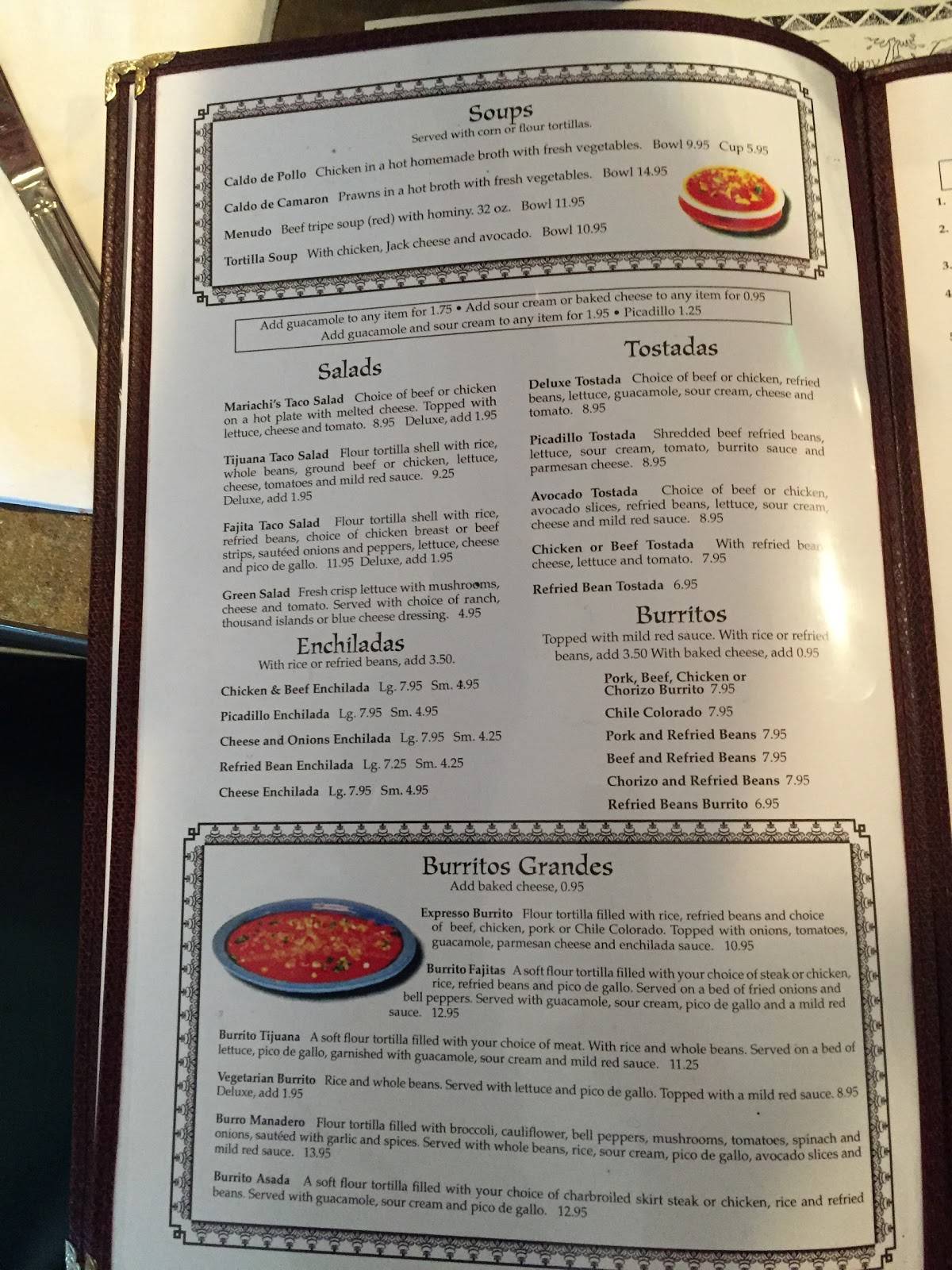 Menu at Mariachi Alegre restaurant, Rochester
