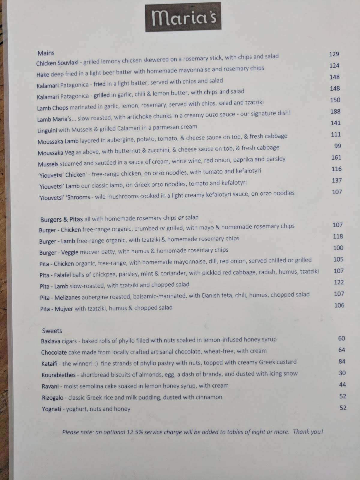 Menu at Maria's Greek Café restaurant, Cape Town