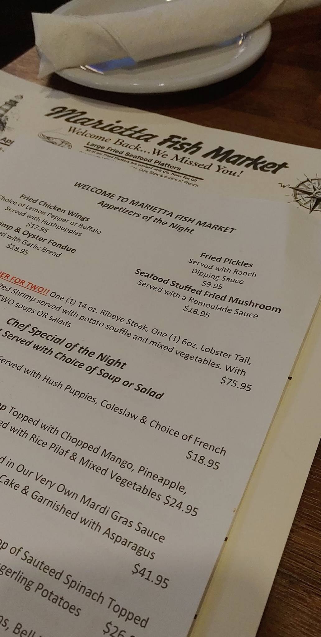 Menu at Marietta Fish Market restaurant, Marietta