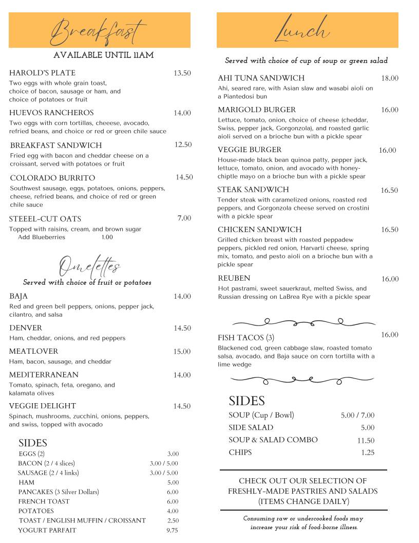 Menu at Marigold Bistro cafe, Sandpoint