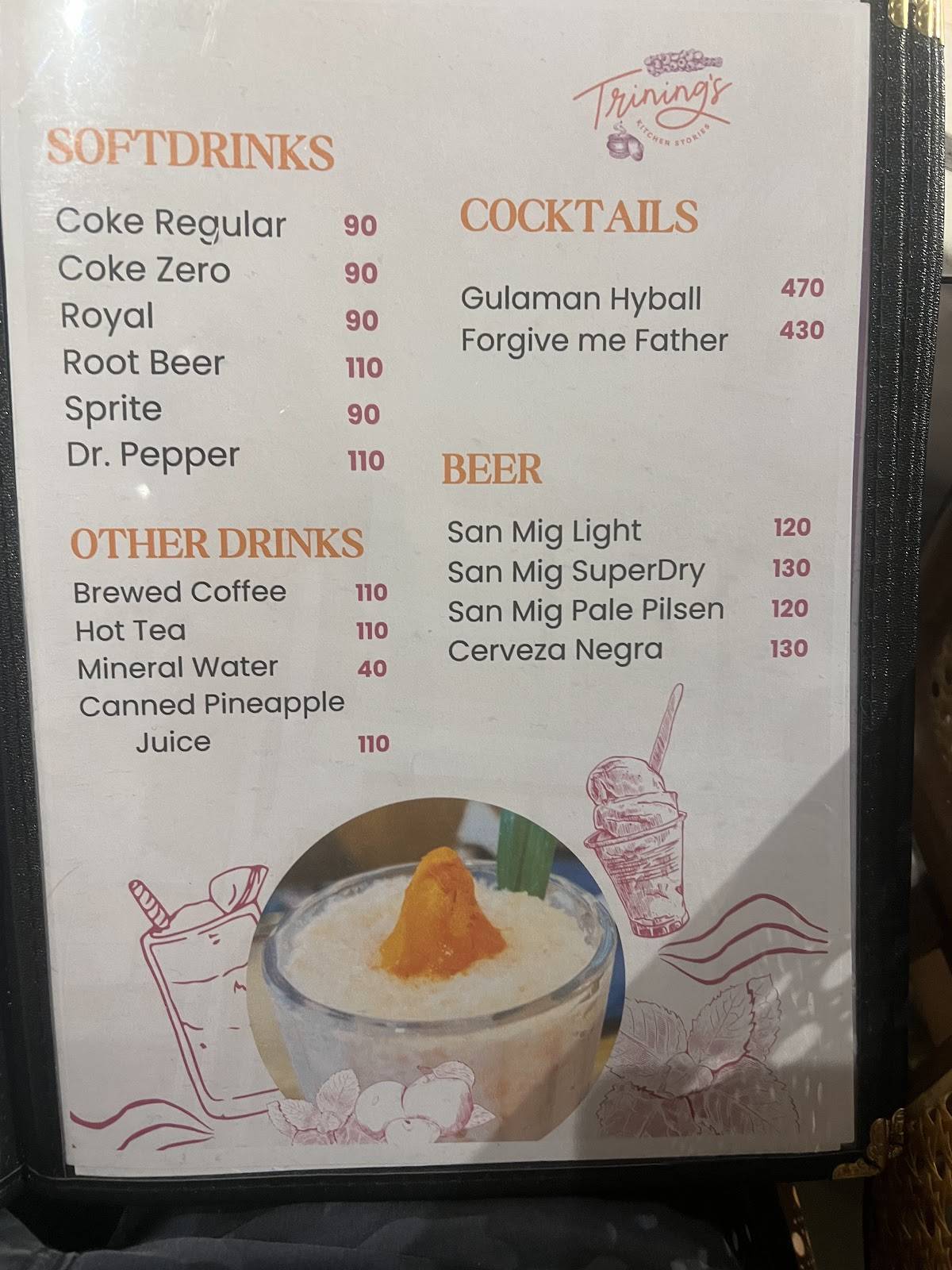 Menu at Trining’s Kitchen Stories restaurant, Marikina