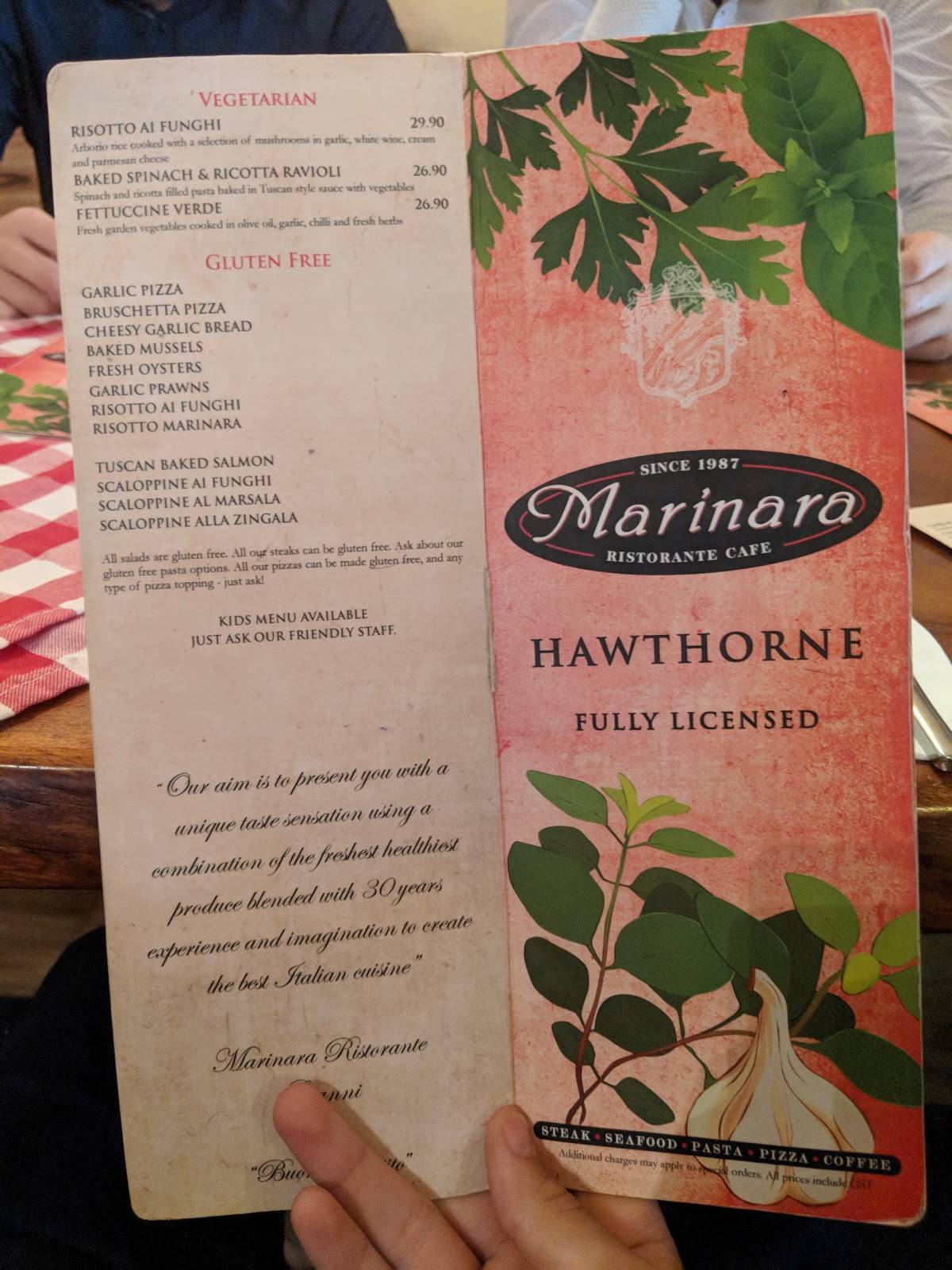 Menu at Marinara Restaurant, Hawthorne