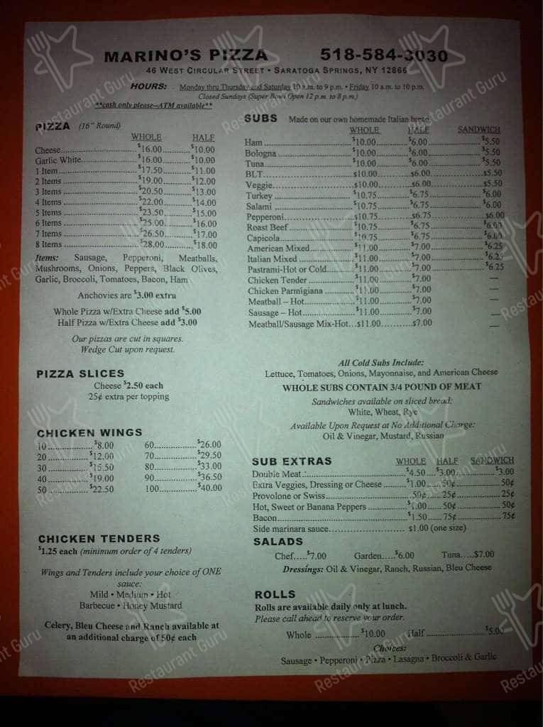 Menu at Marino's Pizza pizzeria, Saratoga Springs