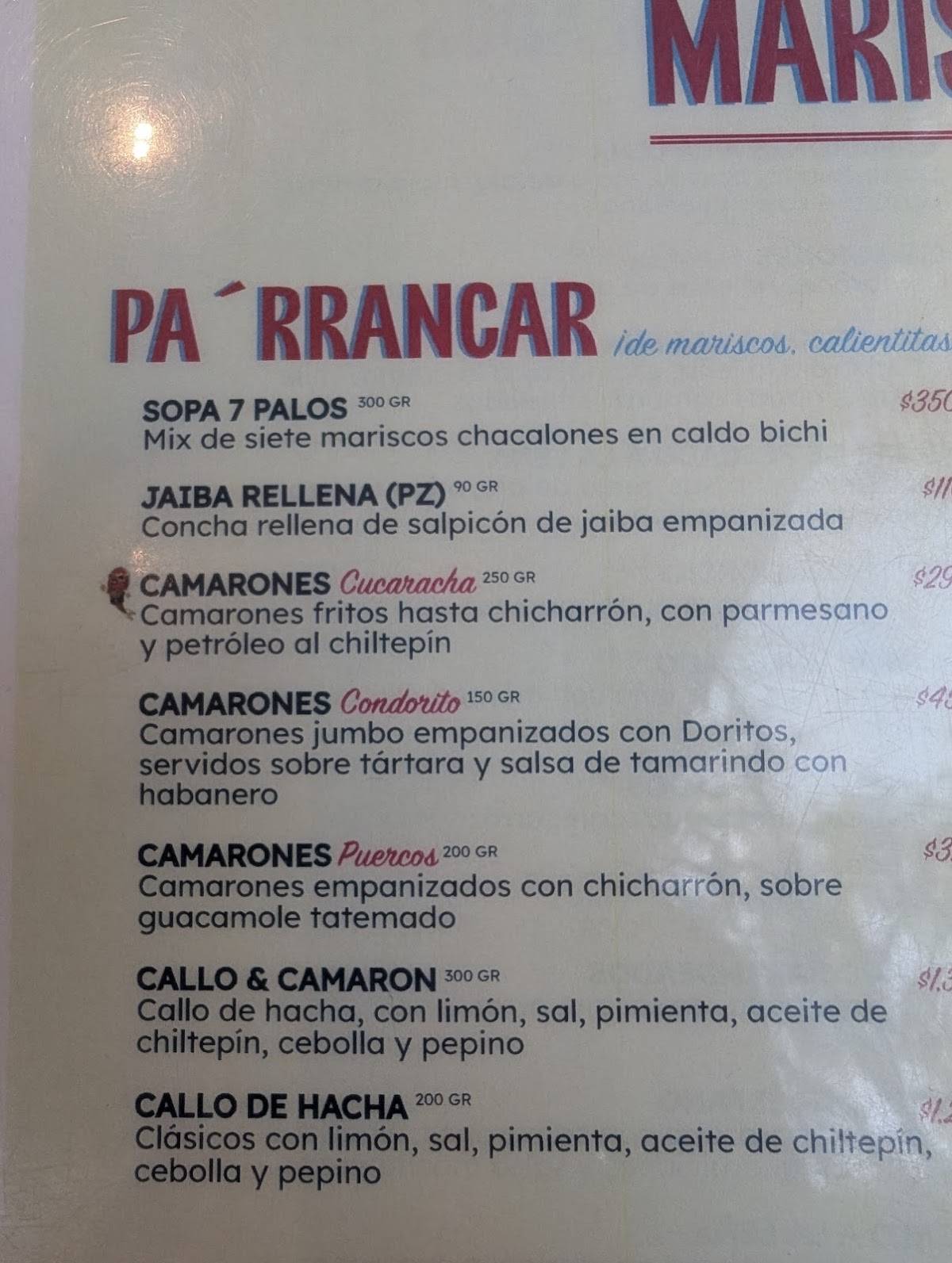 Menu at Mariscocho Polanco restaurant, Mexico City